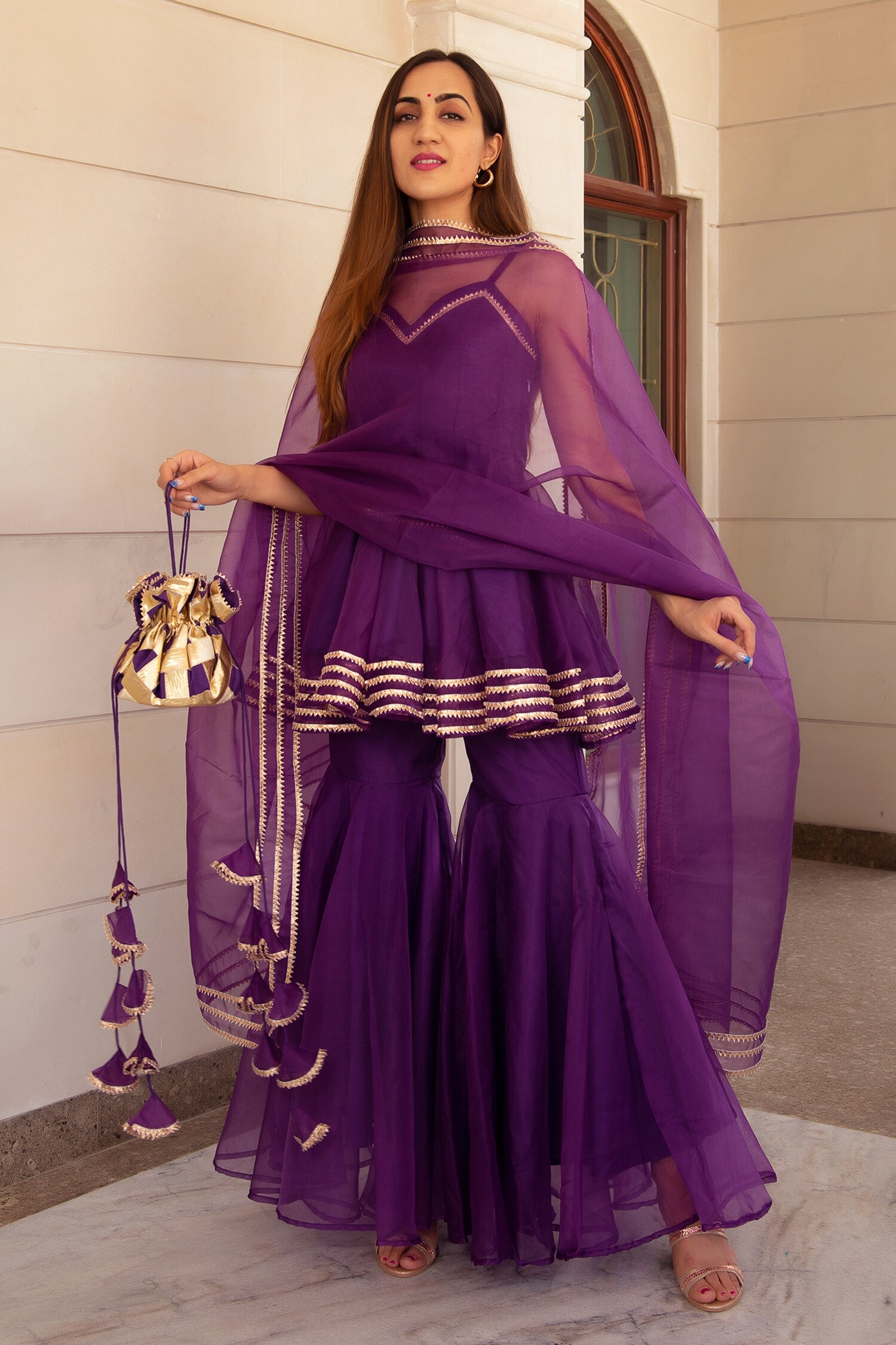 Buy Pomcha Jaipur Purple Organza Masakali Peplum Top And Sharara Set ...