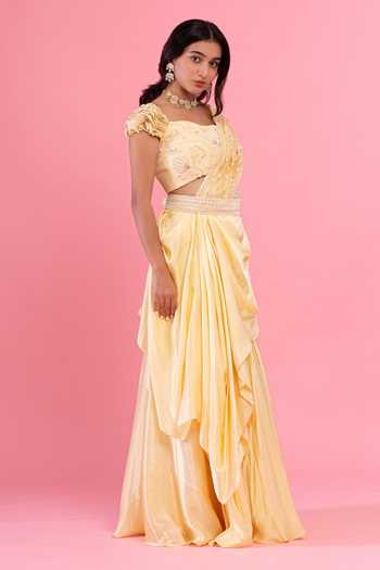 Buy PIRI INDIA Yellow Silk Pre-draped Saree With Crop Top Online | Aza ...
