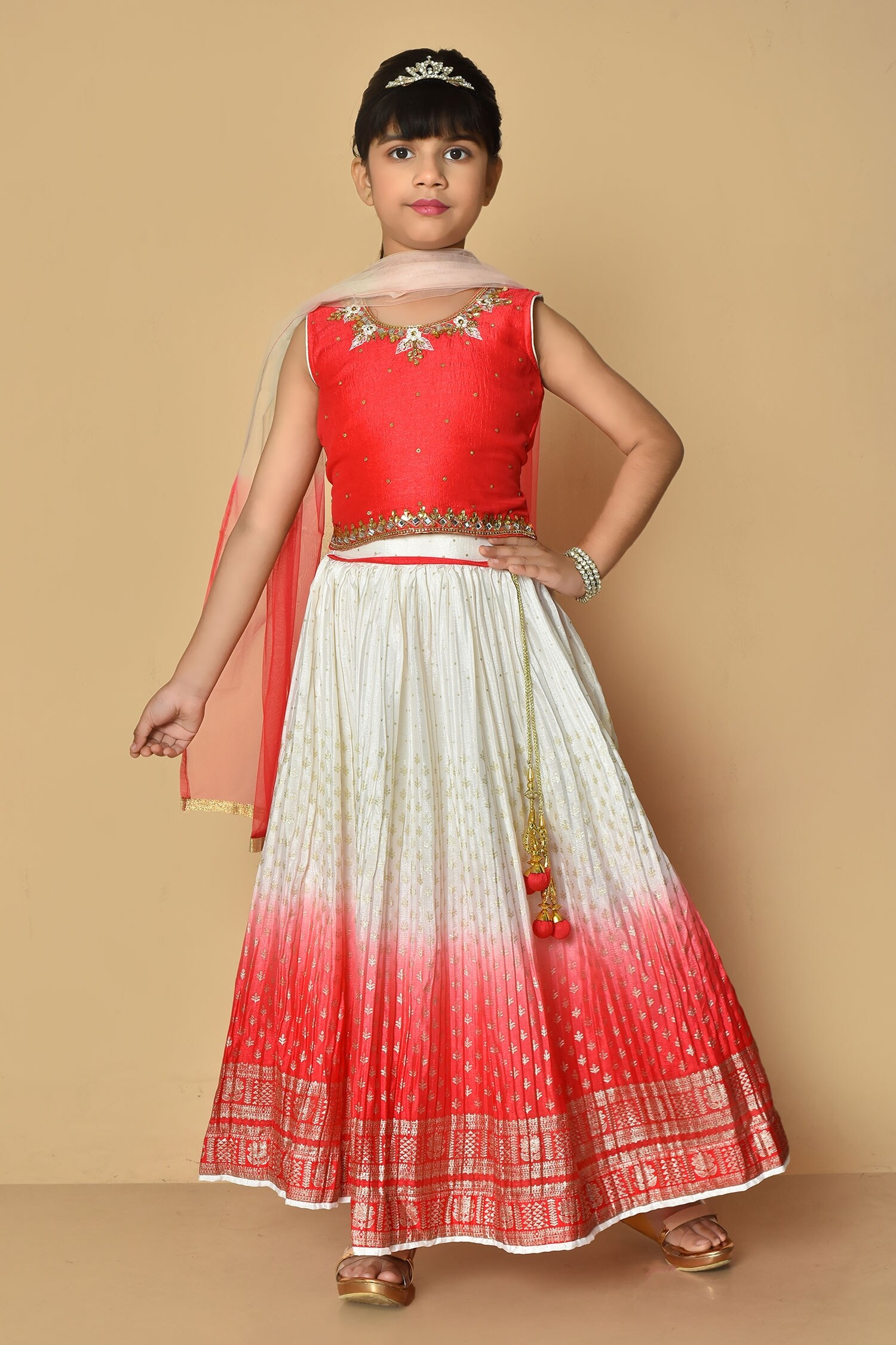 Buy Banana Bee Red Foil Print Ombre Lehenga Set For Girls Online Aza
