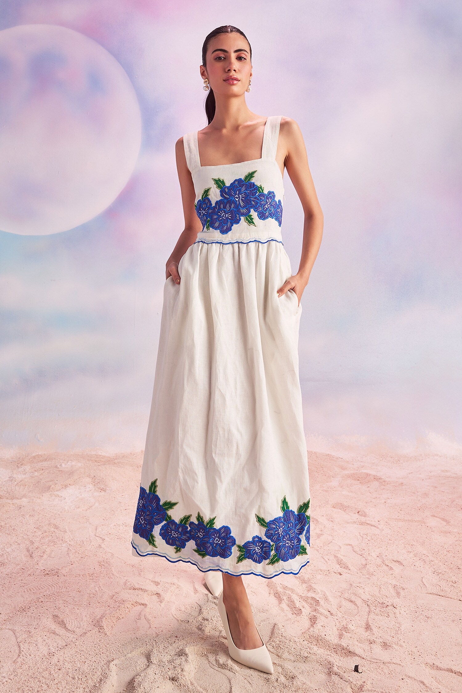 Buy House of Eda Ivory Shell Artemis Floral Embroidered Midi Dress ...