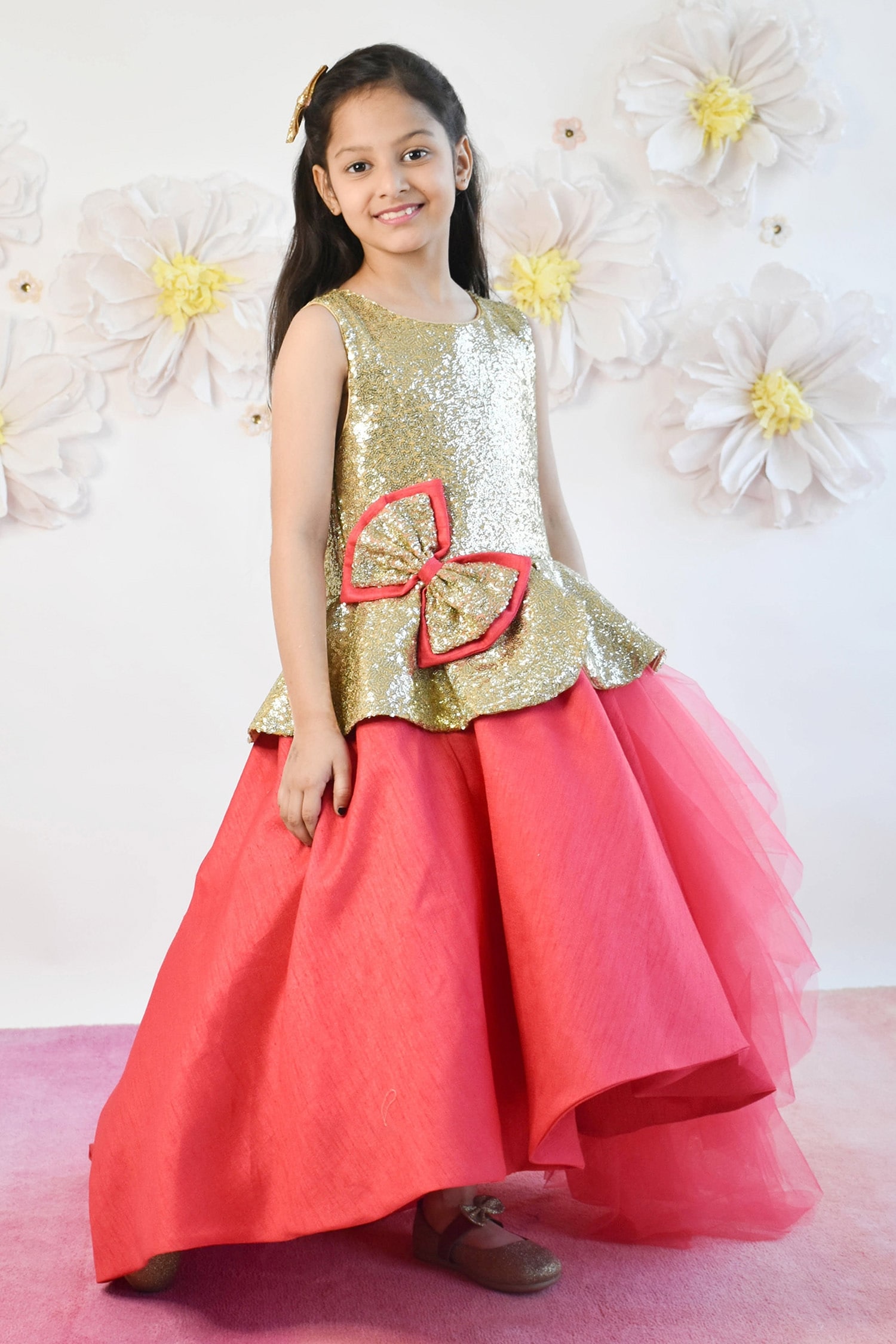 Buy FAYON KIDS Coral Sequin Embroidered Gown For Girls Online | Aza ...