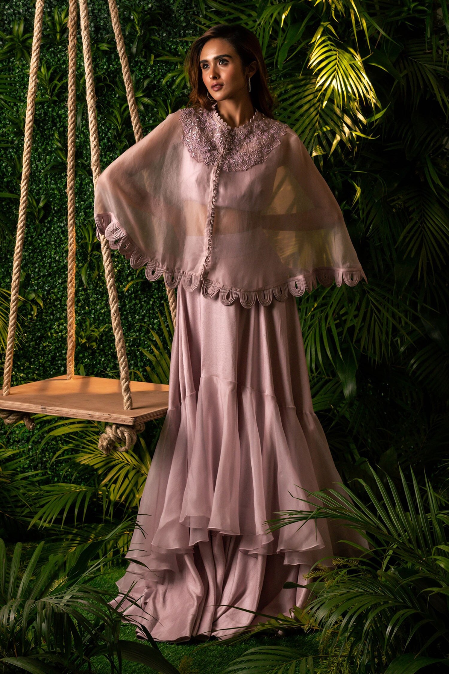 Buy Pallavi Poddar Purple Dupion Scallop Hem Sheer Cape And Tiered ...