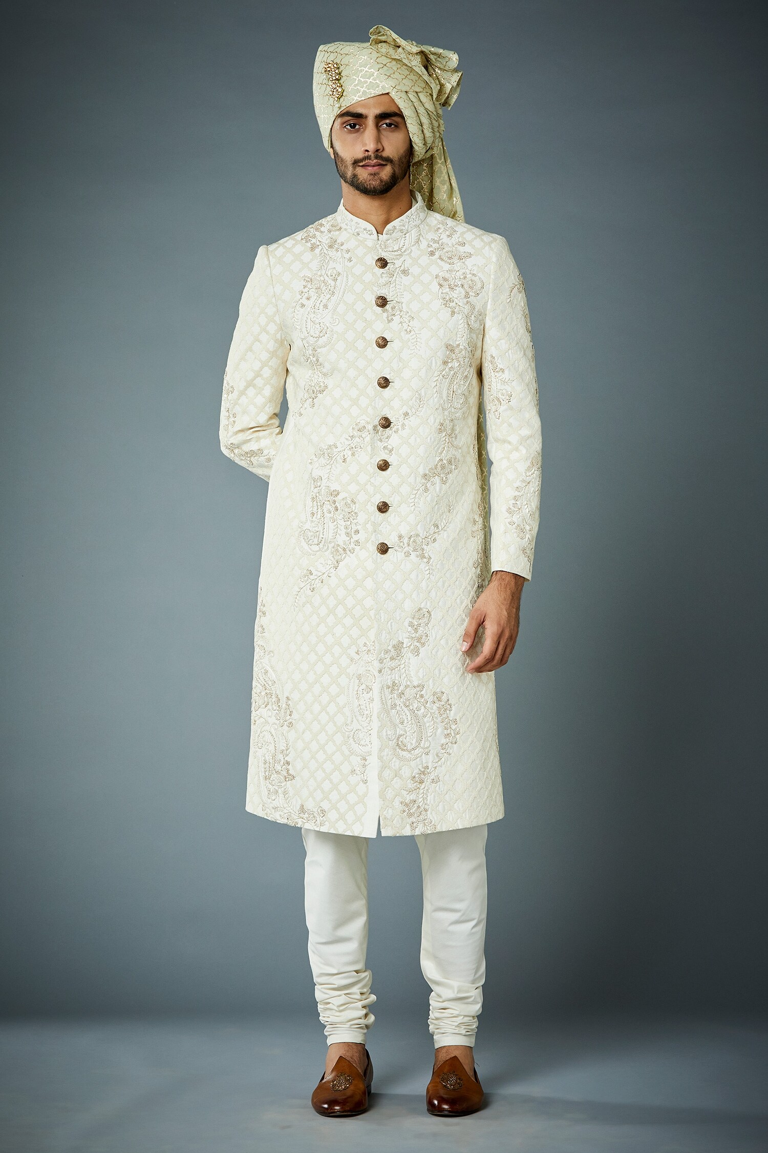 Buy Gargee Designers Ivory Unconventional Tonal Embroidered Sherwani ...