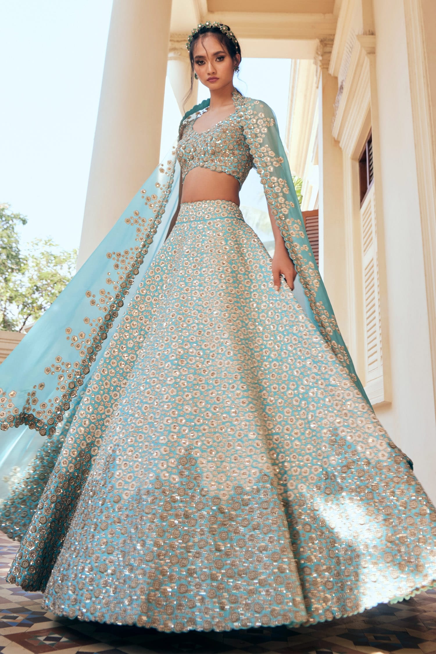 Buy Mrunalini Rao Blue Raw Silk Taara Bloom Zardozi Work Lehenga Set ...