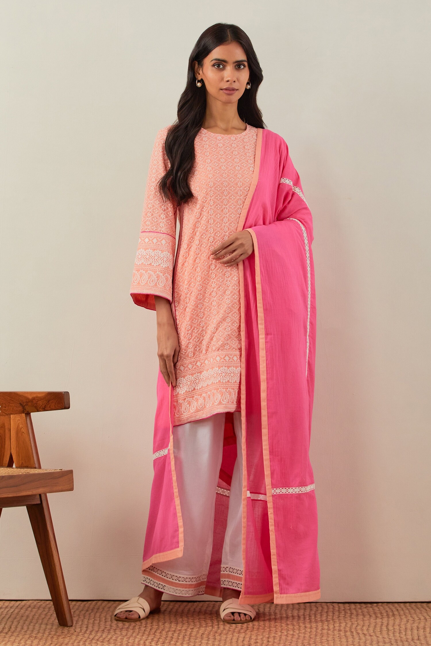 Buy TIC Peach Cotton Pak Wide Arm Embroidered Kurta Set Online | Aza ...