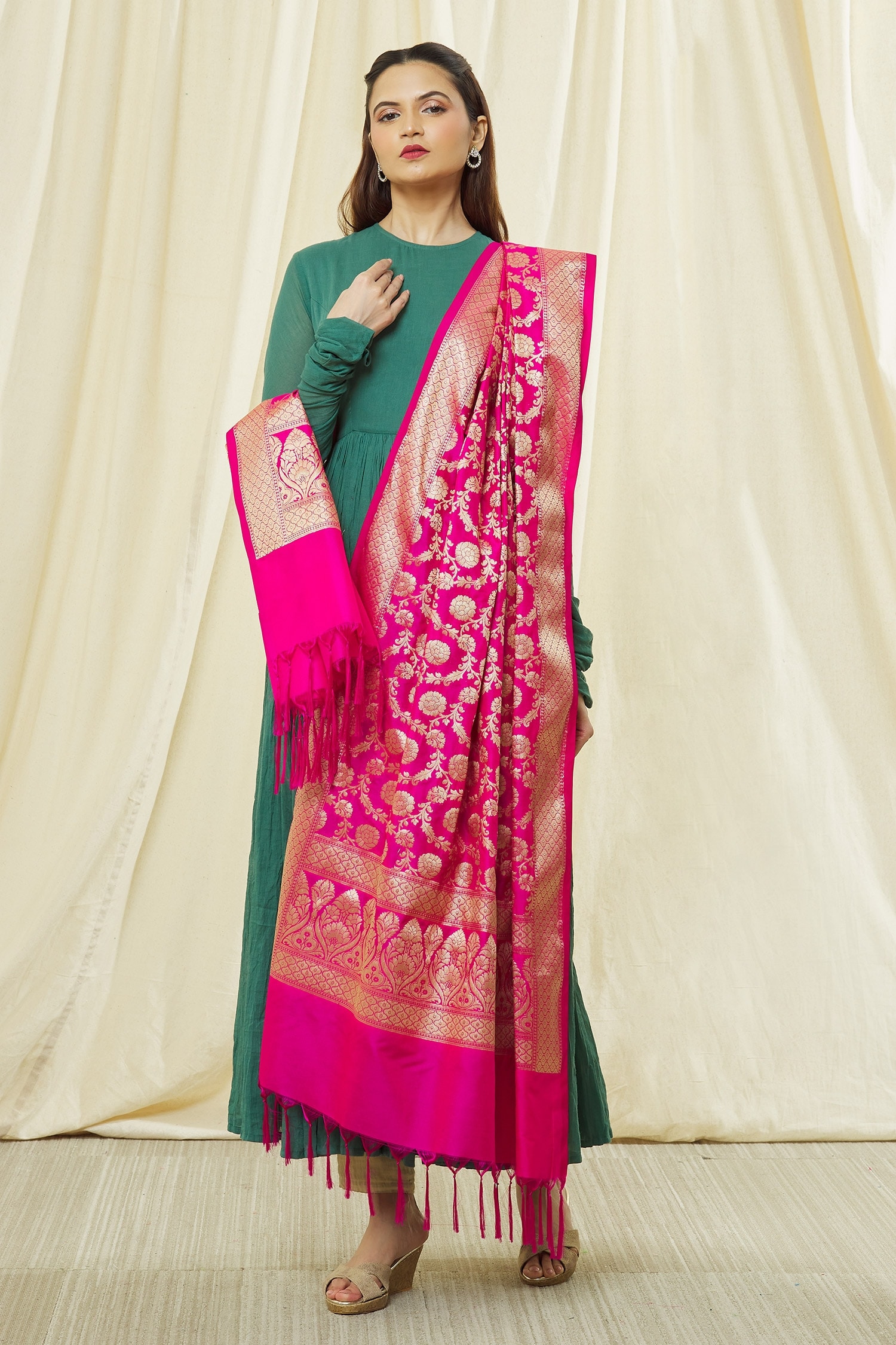 Buy Khwaab by Sanjana Lakhani Pink Banarasi Art Silk Fringe Hem Floral ...