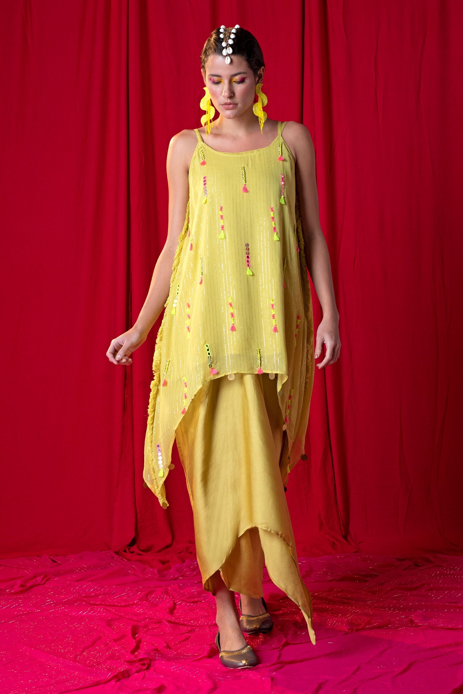 Buy Enech Yellow Shimmer Spaghetti Tunic And Draped Skirt Set Online ...