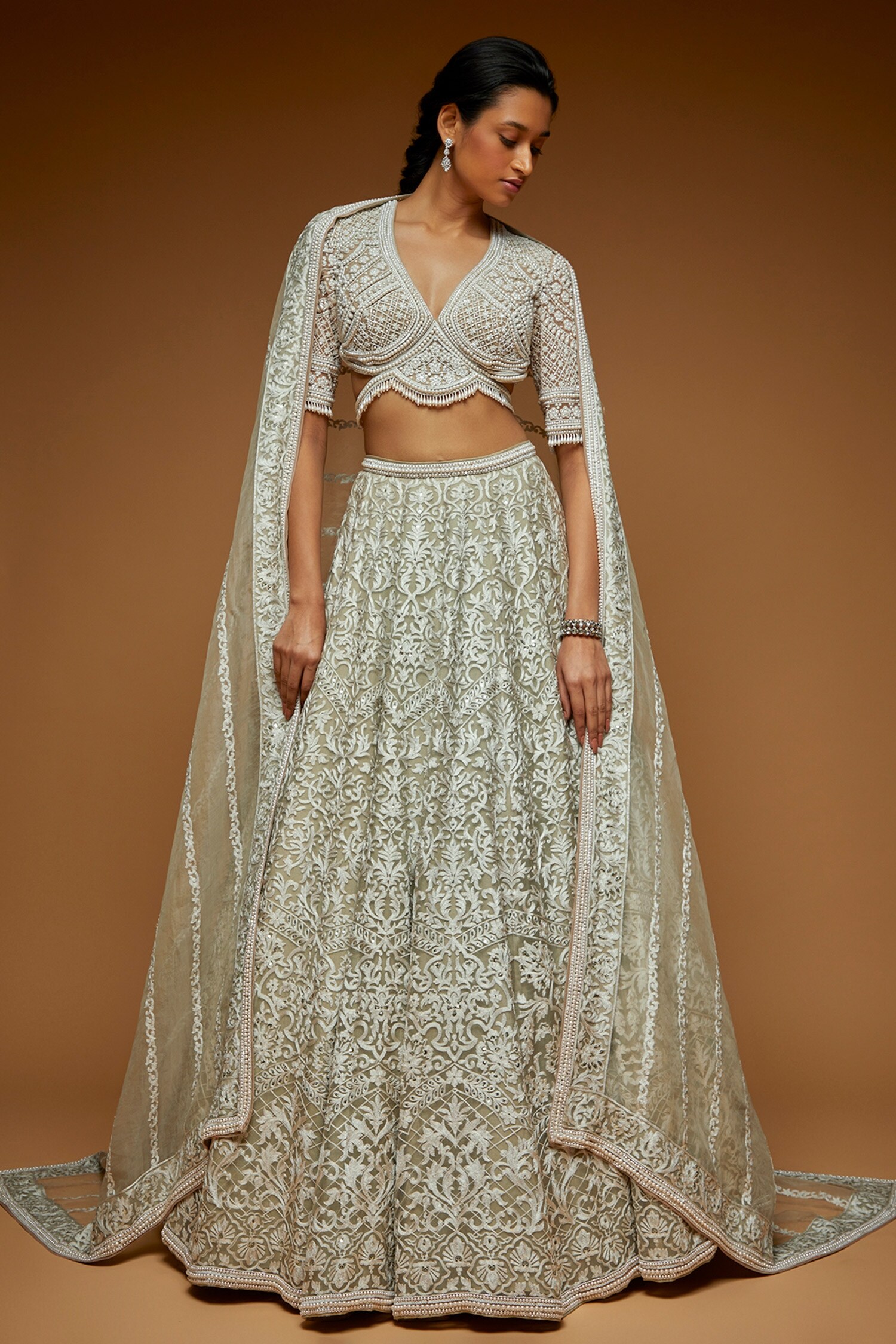 Buy Neeta Lulla Silver Organza Asmi Embroidered Lehenga Set Online | Aza Fashions