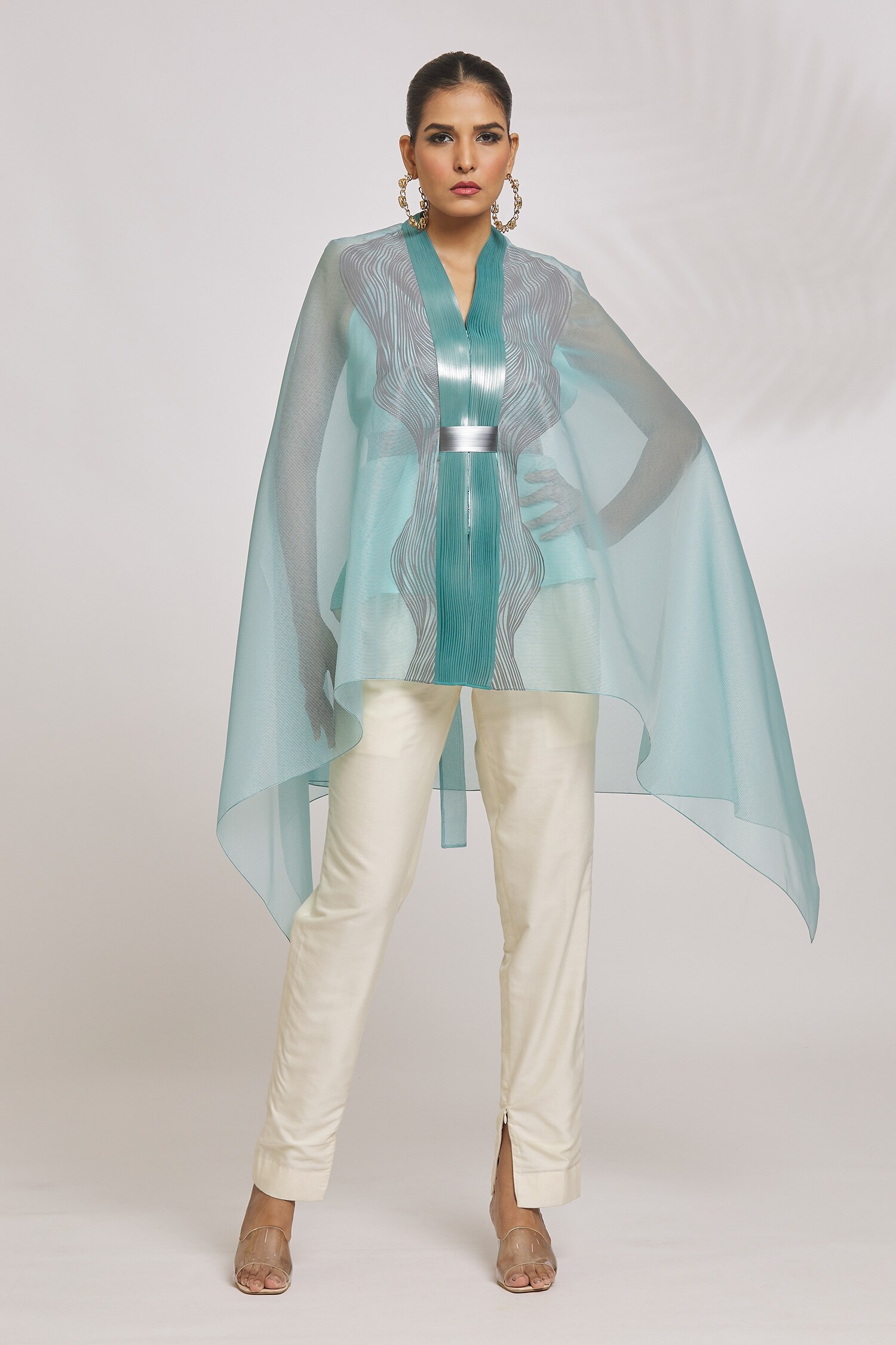 Buy Amit Aggarwal Blue Organza Striper Metallic Stripe Embroidered ...