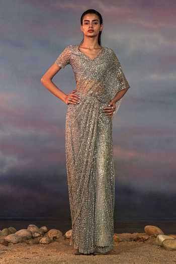 Buy Rohit Gandhi + Rahul Khanna Grey Tulle Pre-draped Crystal ...