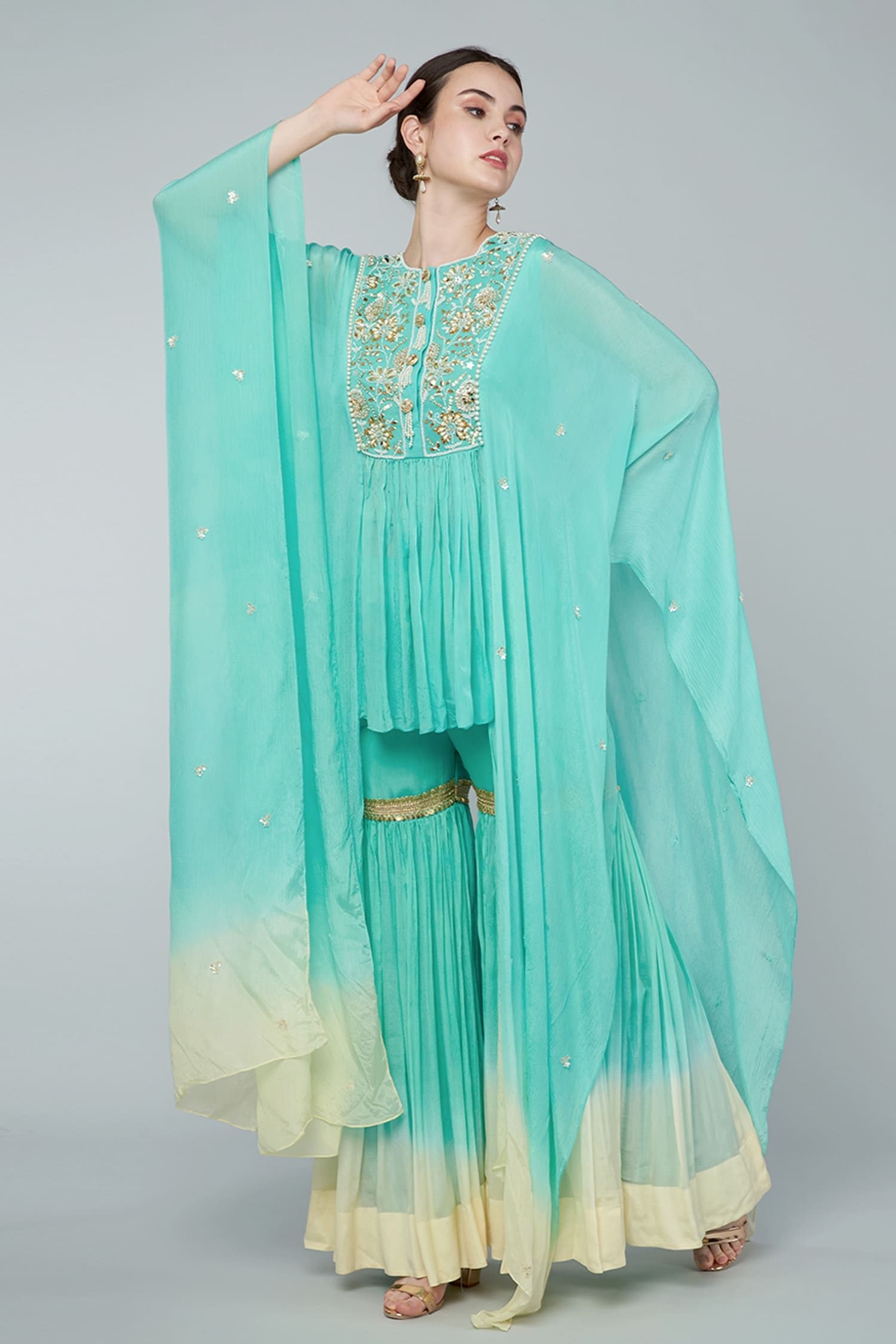 Buy Keith Gomes Green Chiffon Ombre Embellished Tunic And Gharara Set ...