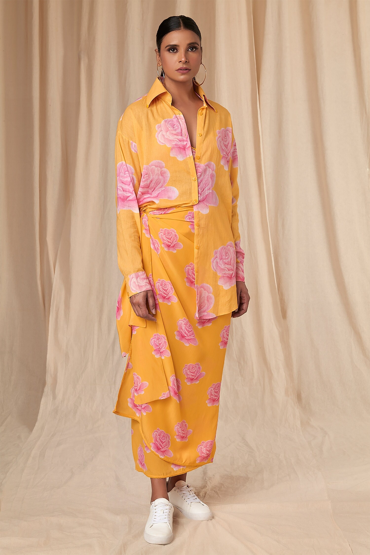 Buy Masaba Yellow Heavy Natural Crepe Carrie Rosy Print Draped Skirt ...