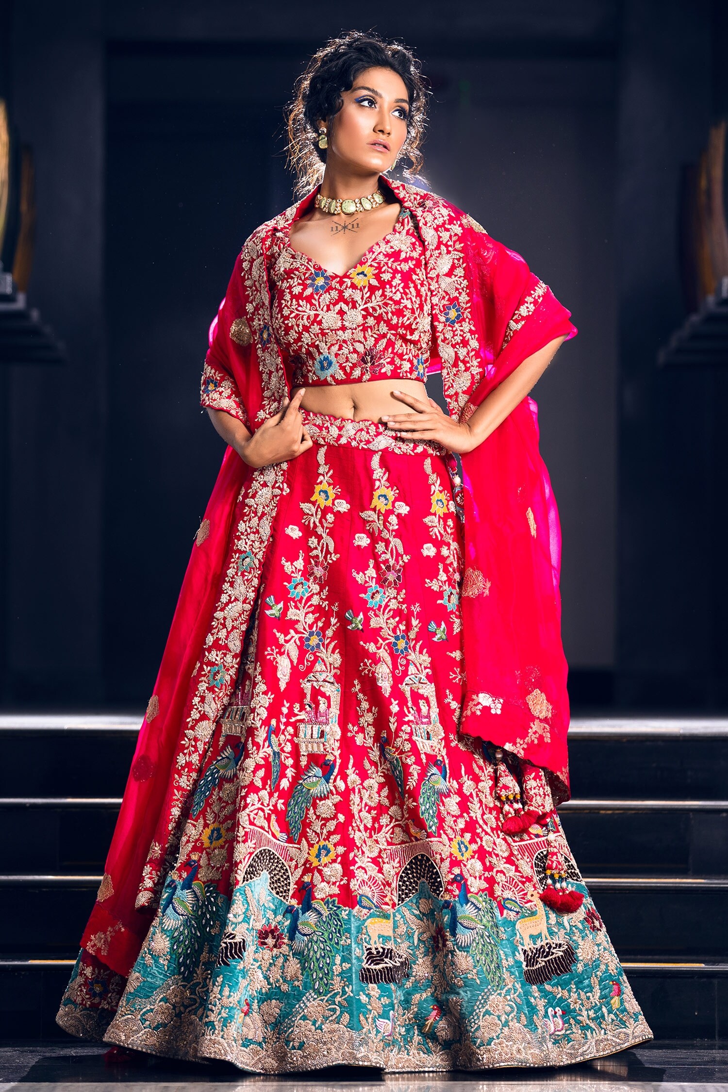 Buy MOHA Atelier Pink Filigree Zardosi Garden Embroidered Bridal ...