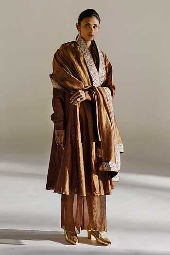 Buy Mimamsaa Brown Clara Tissue Silk Dupatta Online | Aza Fashions