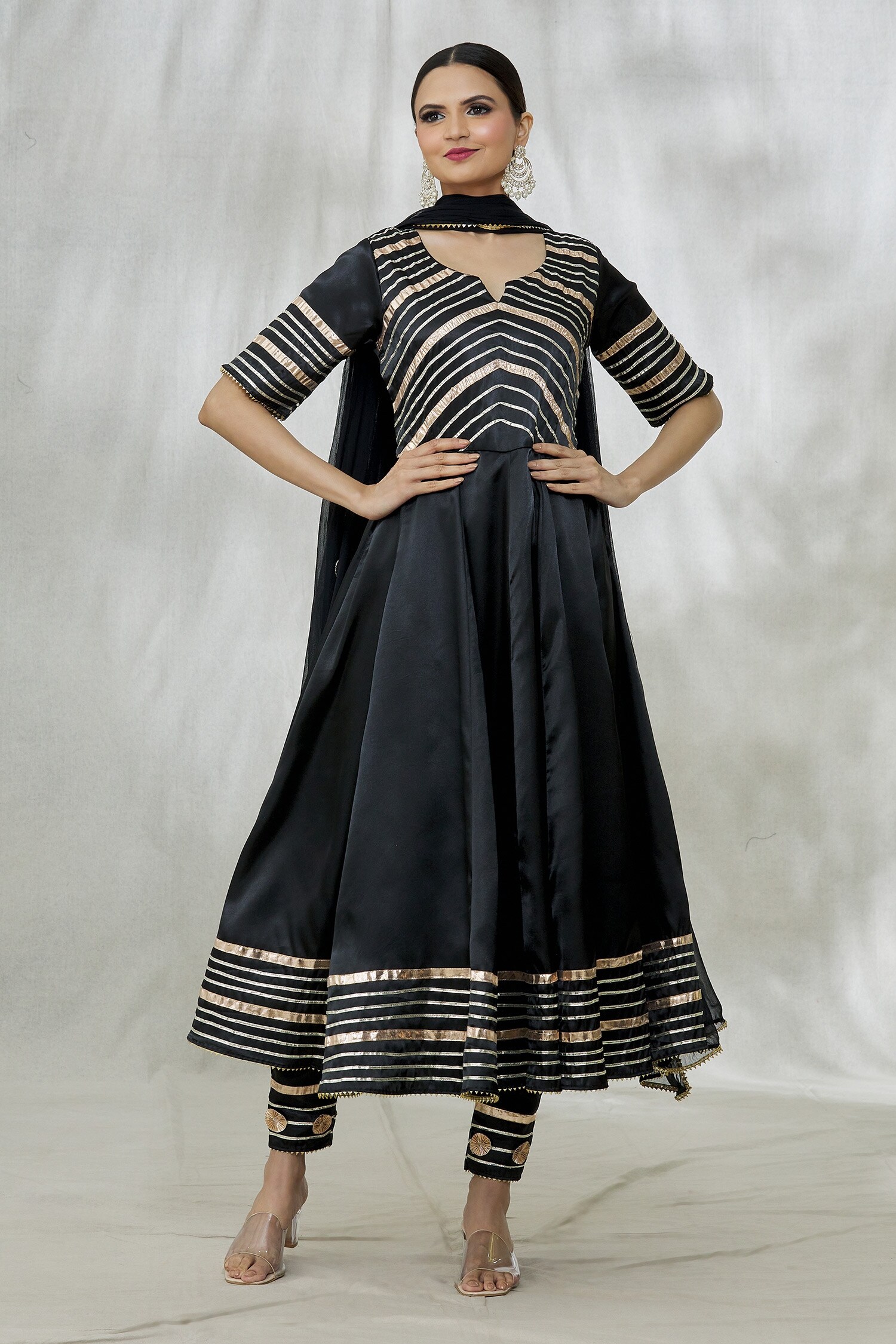 Buy Adara Khan Black Silk Gota Patti Pattern Anarkali Pant Set Online ...