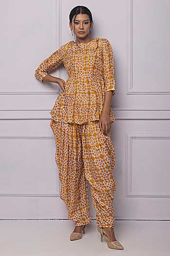 Buy Ek Katha Yellow Mulberry Silk Batik Print Kali Kurta And Dhoti Pant ...