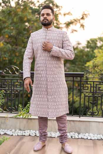 Buy Decemberbyvivek Purple Silk Flower Motif Embroidered Sherwani Set ...