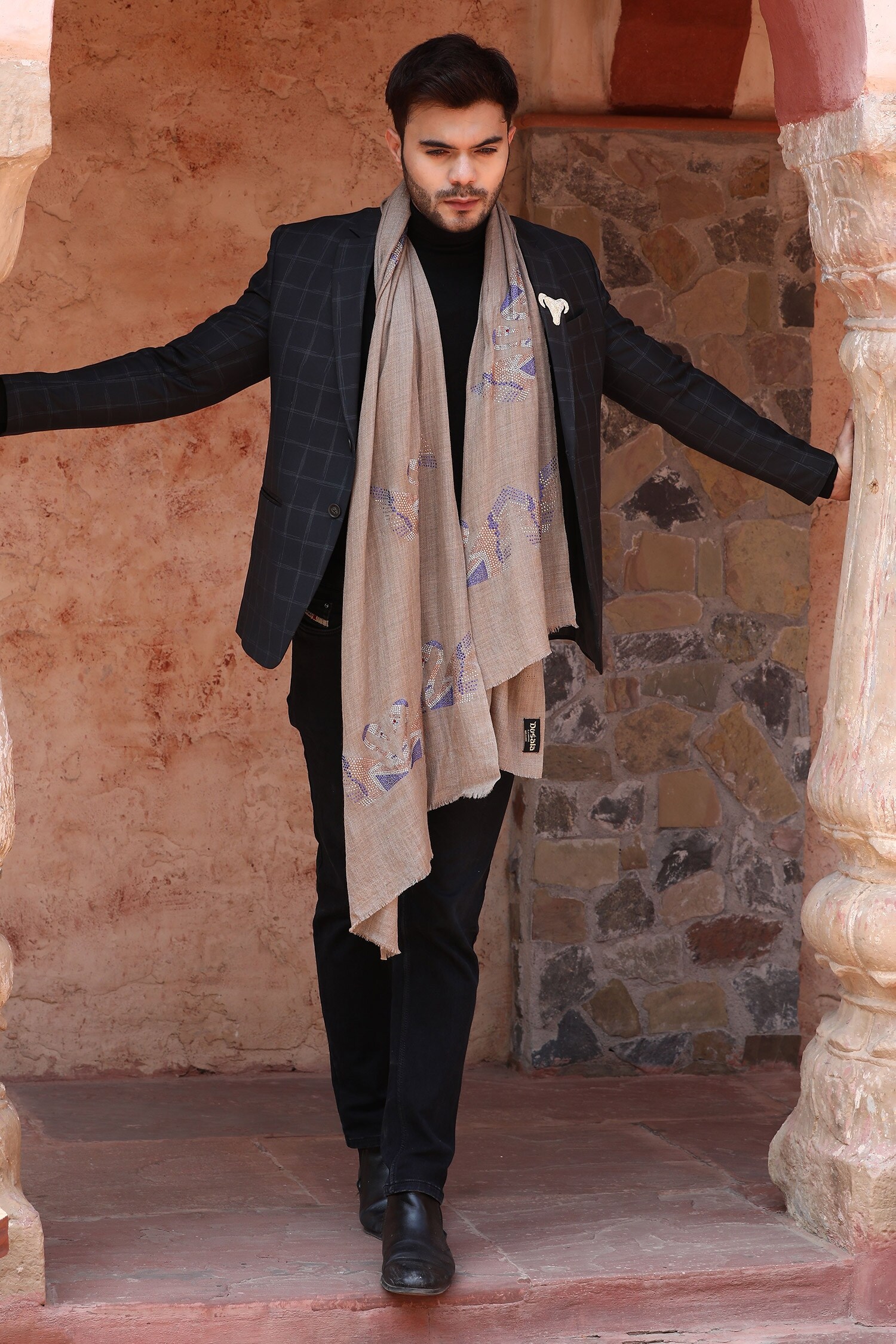 Buy Dusala Shawls Grey Handwoven Cashmere Fine Wool Stone Work Stole ...