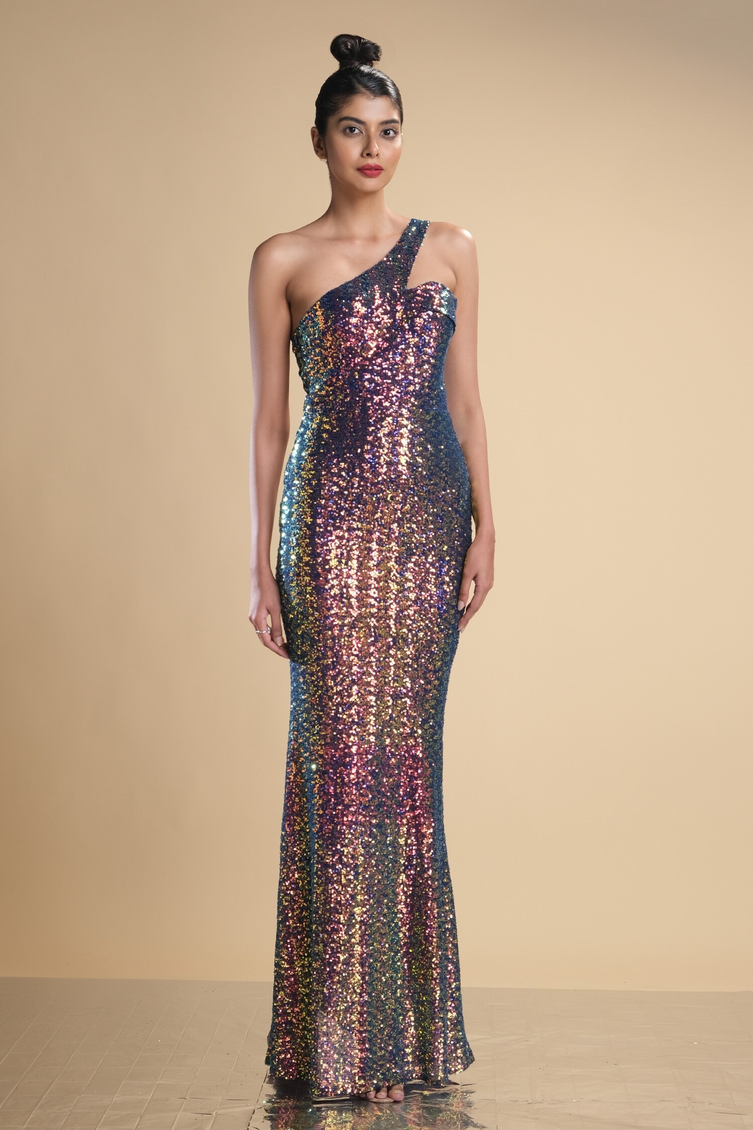 Buy Kommal Sood Multi Color Lycra Stretch Net Rainbow Sequin Work One ...