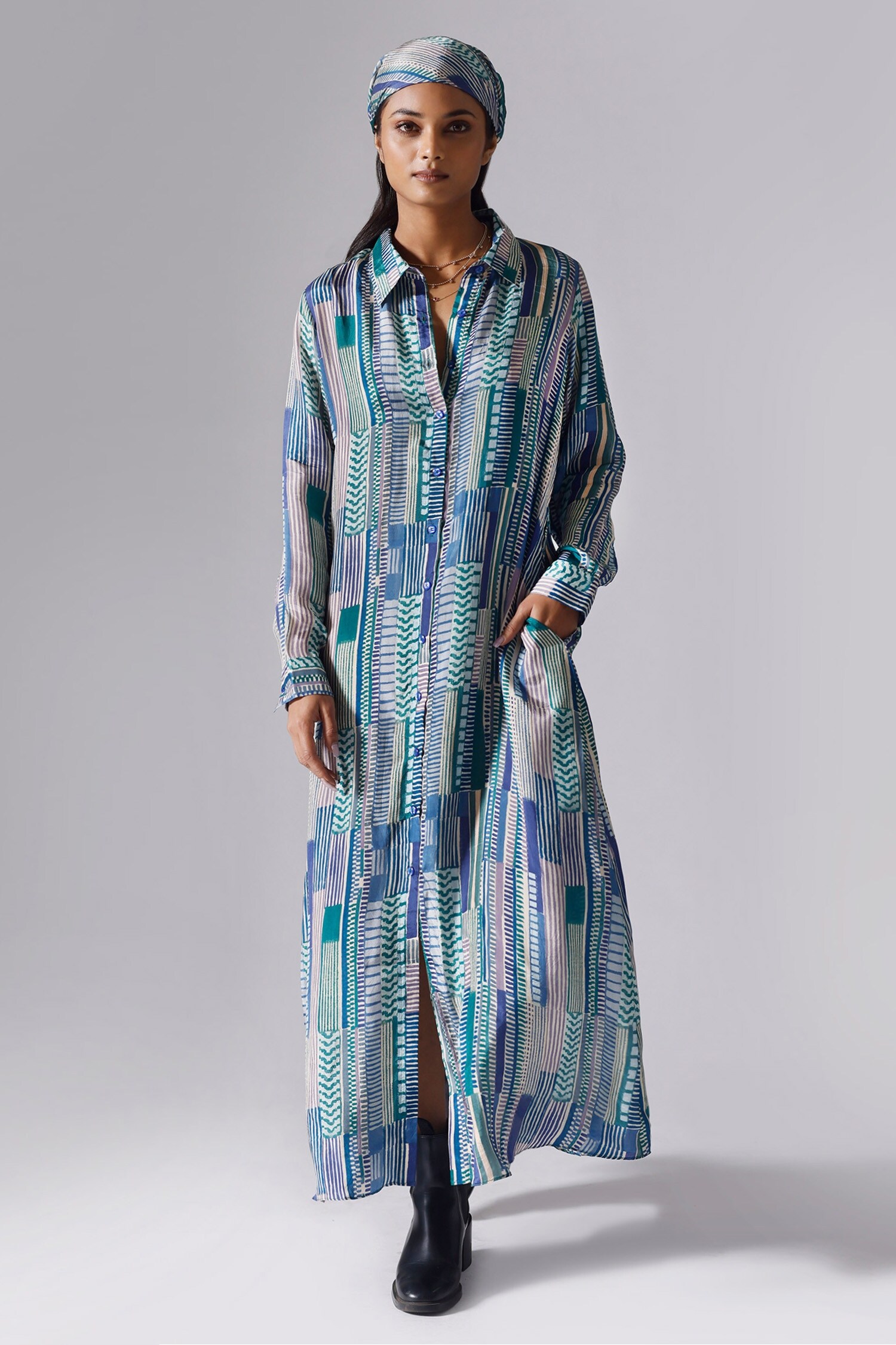 Buy KLAD Blue Satin Printed Maxi Dress With Belt Online | Aza Fashions