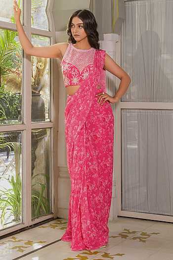 Buy Suruchi Parakh Pink Georgette Pre-draped Floral Print Saree With ...