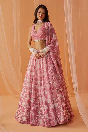 Buy Lashkaraa Pink Chanderi Flower Print Lehenga Set Online | Aza Fashions