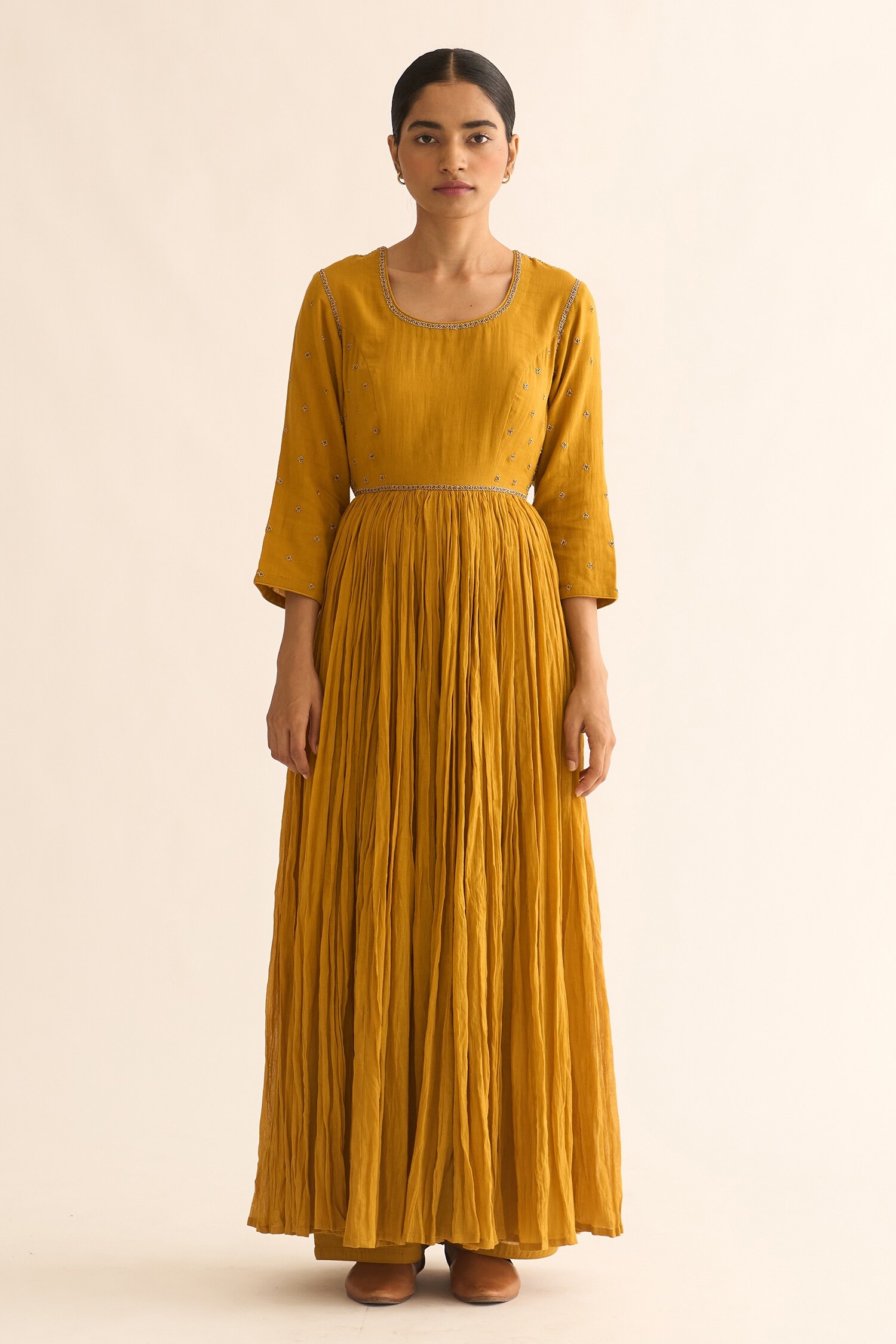 Buy Dot Yellow Cotton Ojas Pleated Anarkali And Pant Set Online | Aza ...