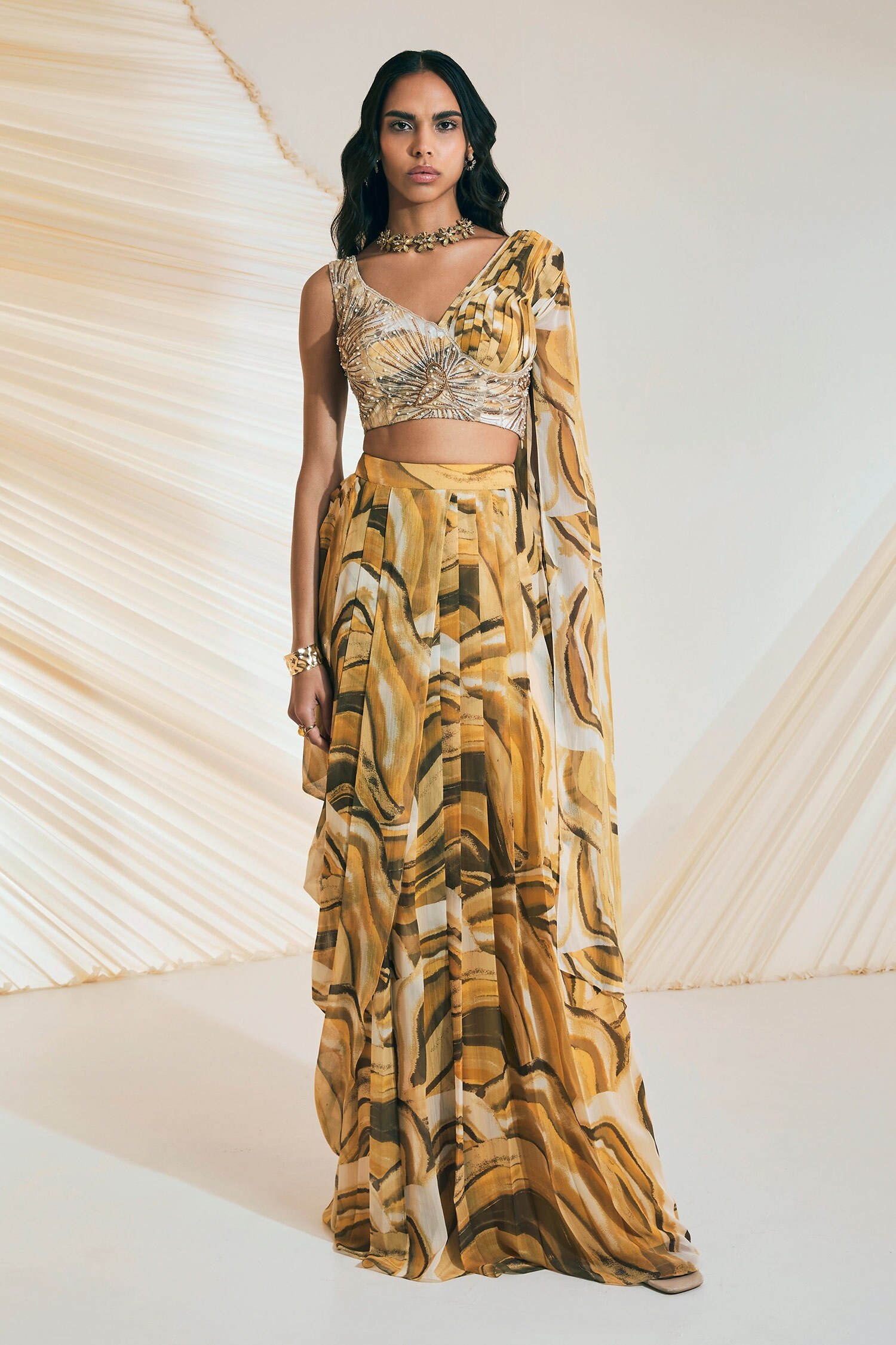 Buy Divya Aggarwal Yellow Chiffon Verity Pearl Embroidered Blouse With ...