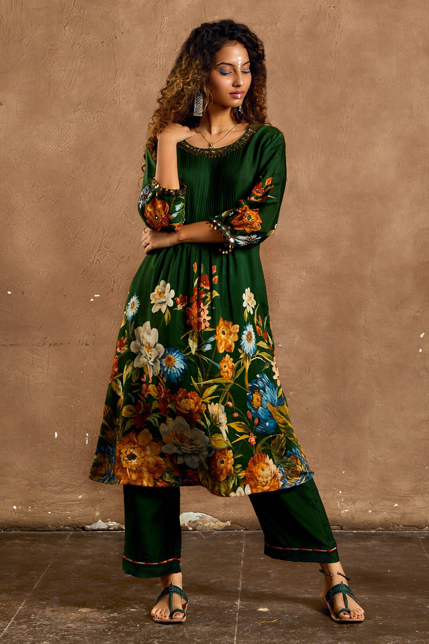 Buy Label Kinjal Modi Green Silk Voile Floral Print Tunic And Pant Set ...