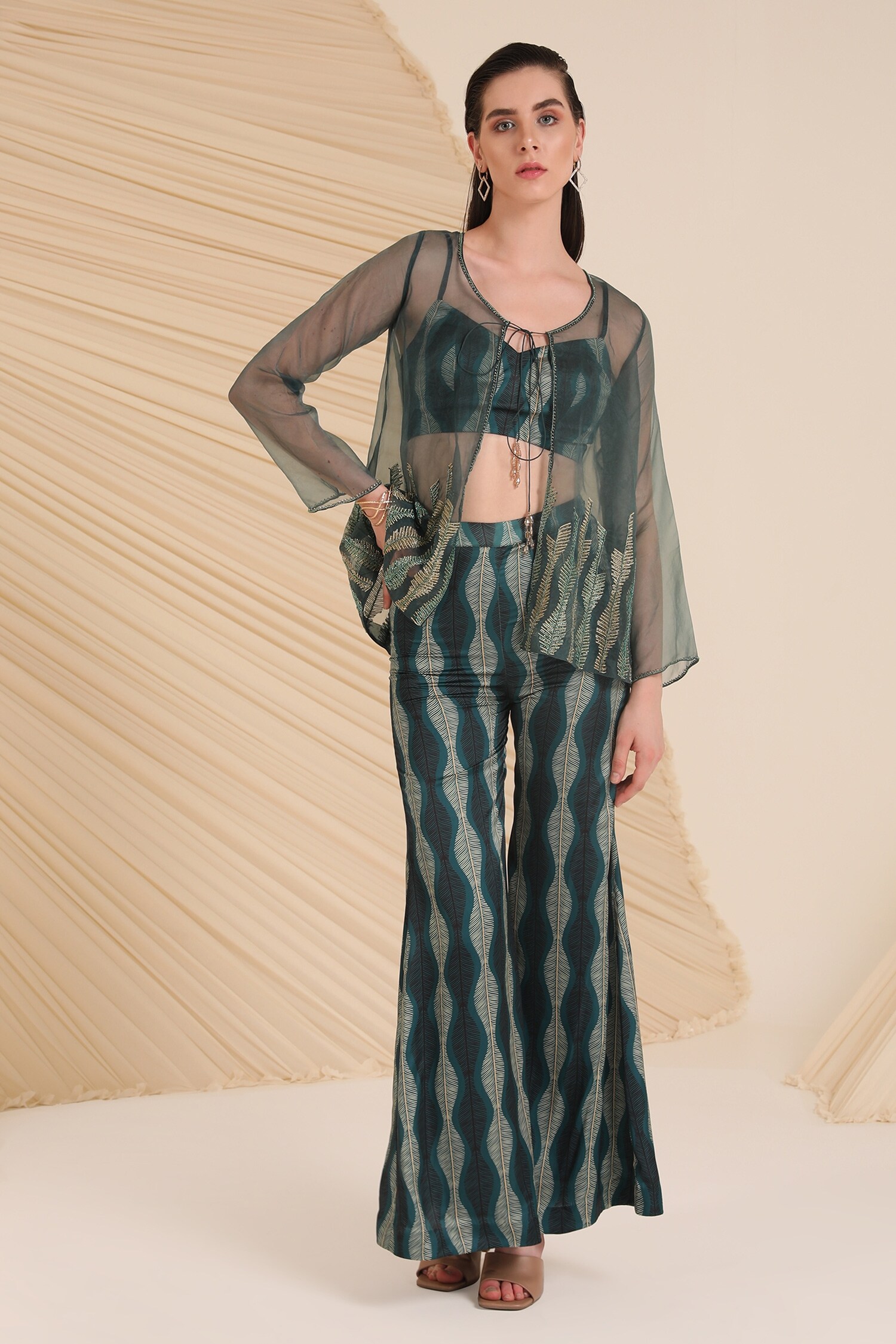 Buy Divya Aggarwal Green Bustier Olivia Organza Jacket And Leaf Printed ...