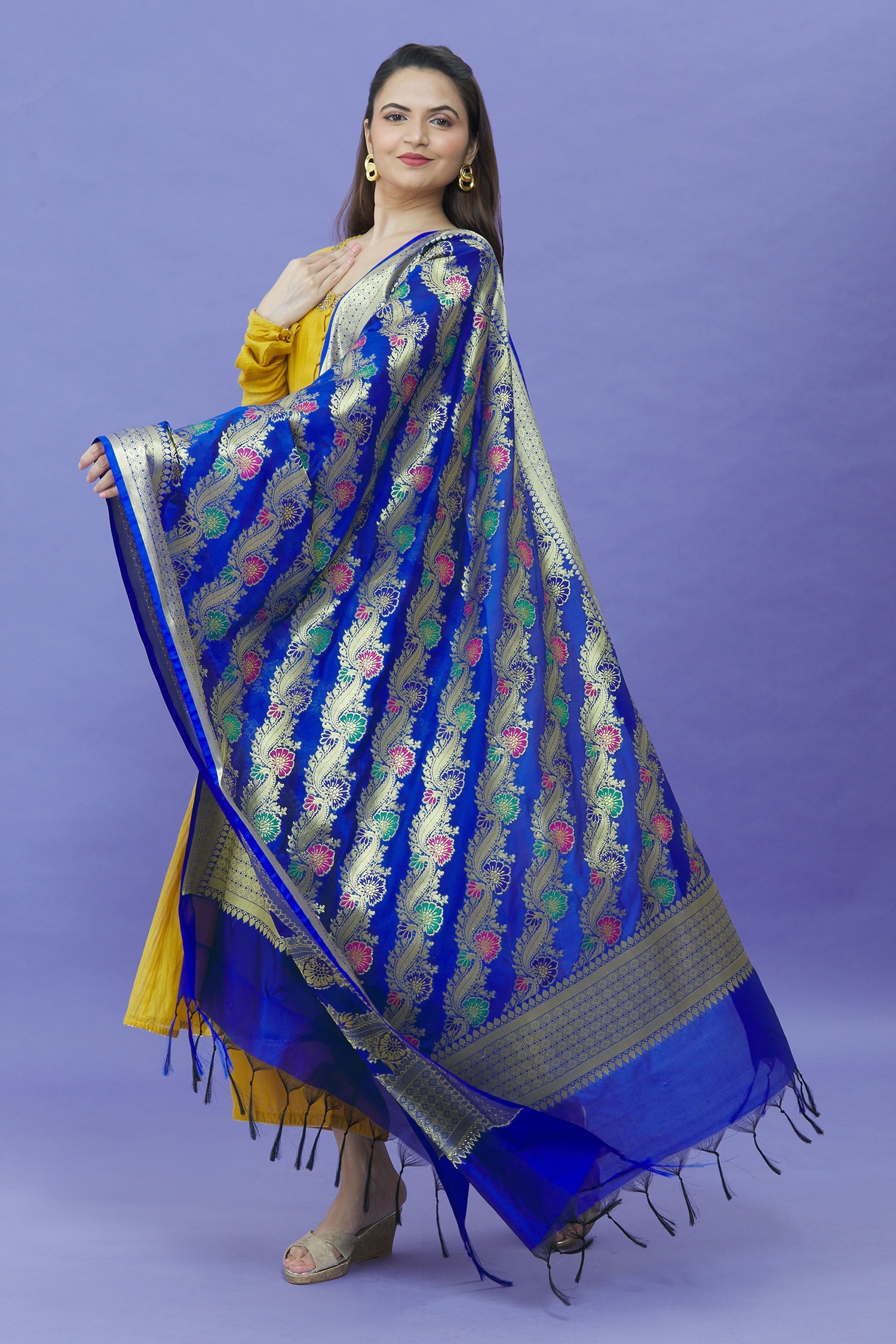 Buy Khwaab by Sanjana Lakhani Blue Art Silk Mina Fringe Hem Woven ...