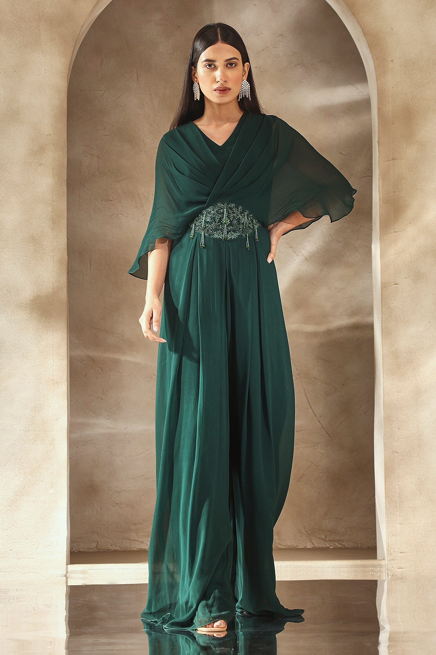 Buy Seema Thukral Emerald Green Georgette Floral Embroidered Patch ...