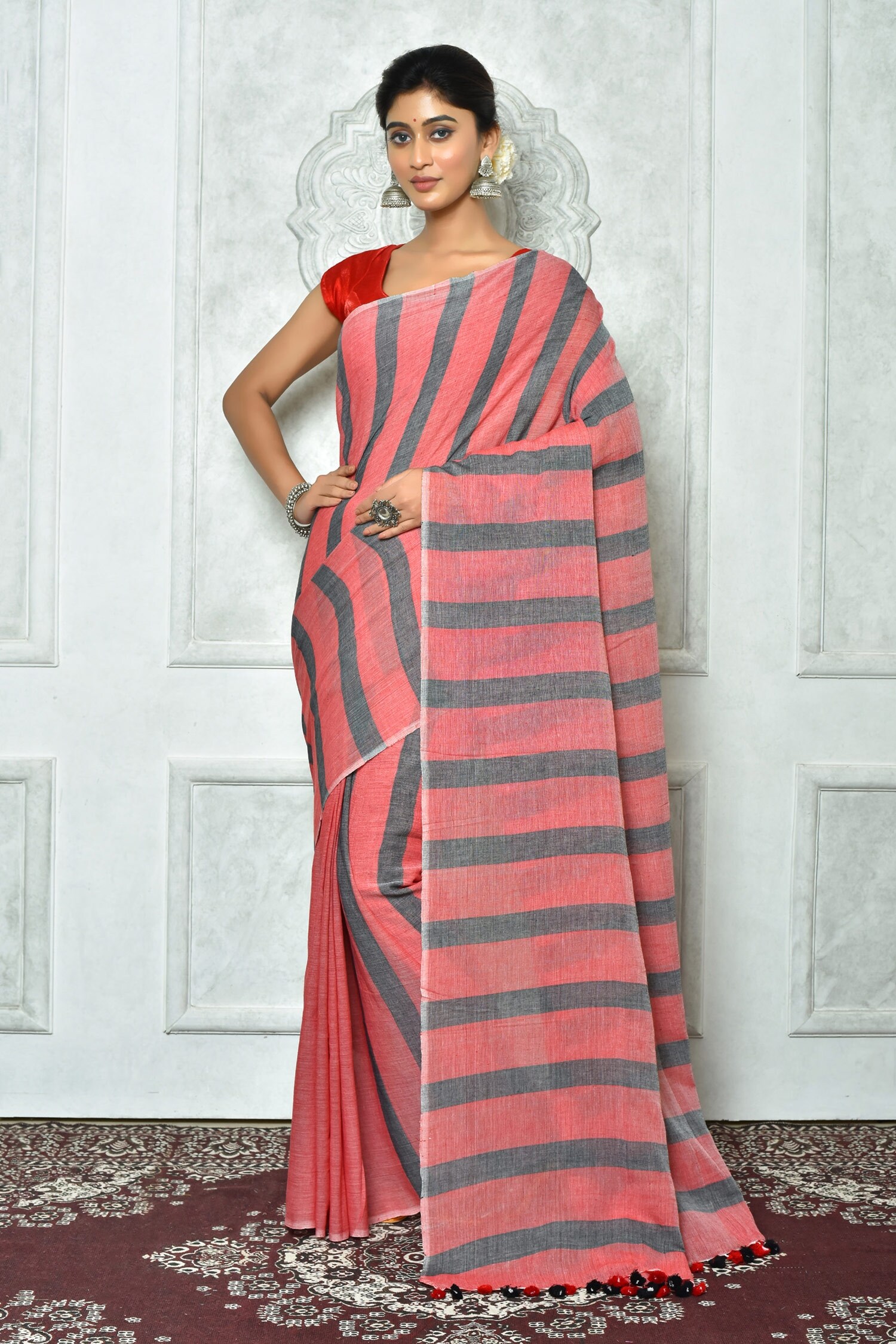 Buy Samyukta Singhania Red Pure Cotton Striped Saree Online | Aza Fashions