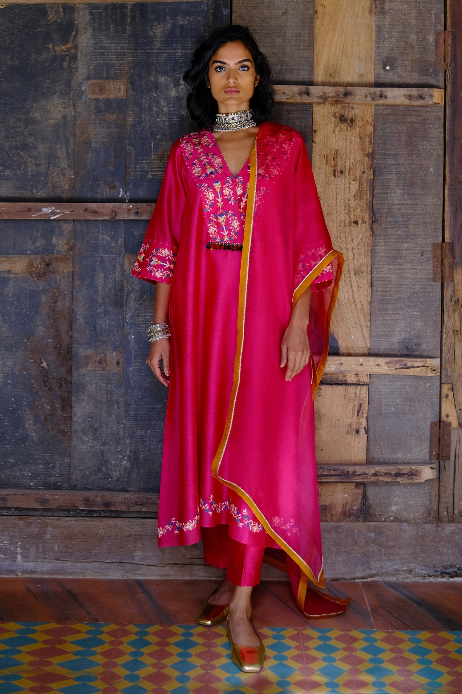 Buy Shikha Mehta Fuchsia Silk Chanderi Kurta Set Online | Aza Fashions