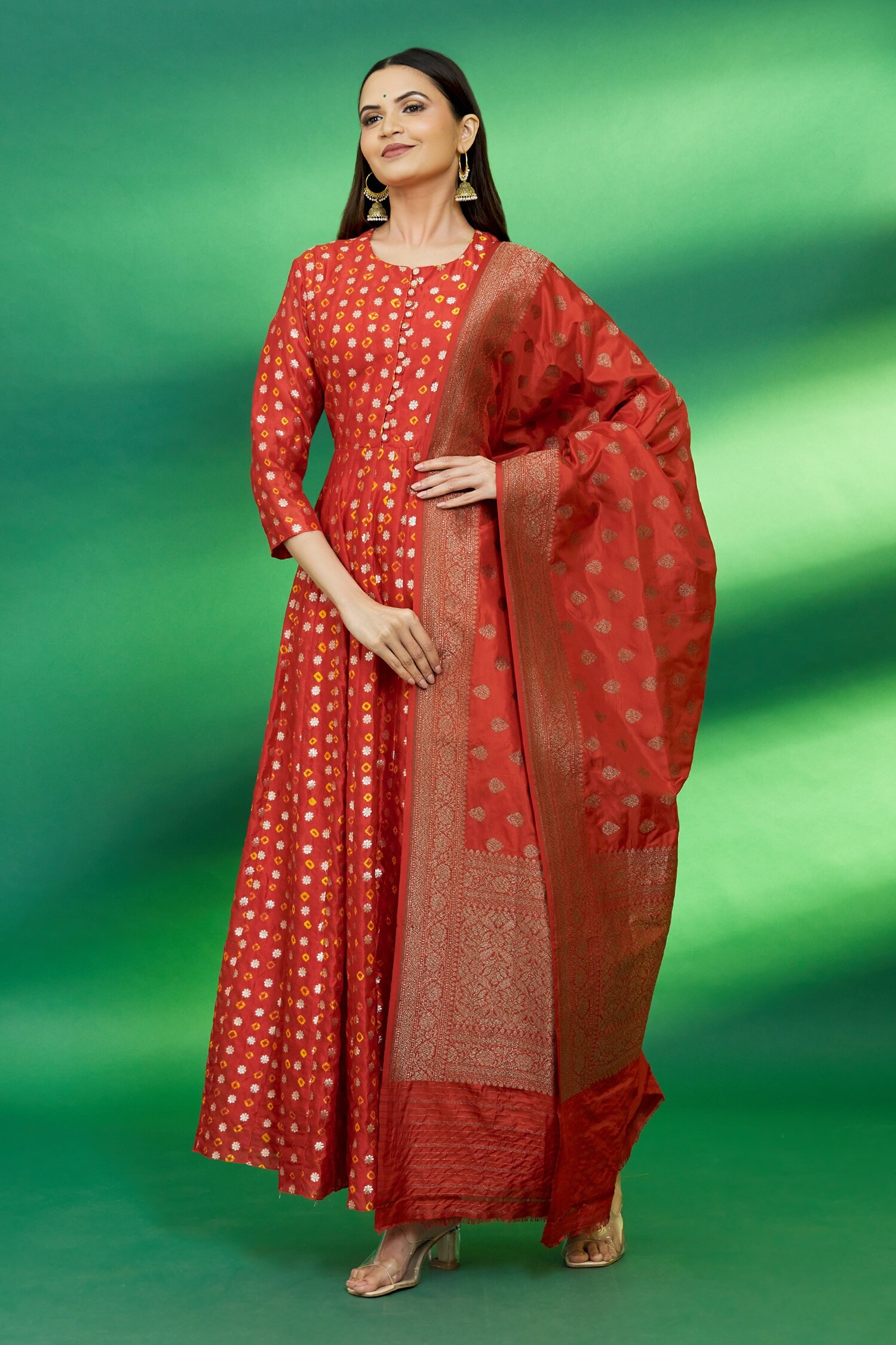 Buy Pinki Sinha Red Chiniya Silk Banarasi Woven Anarkali With Dupatta ...