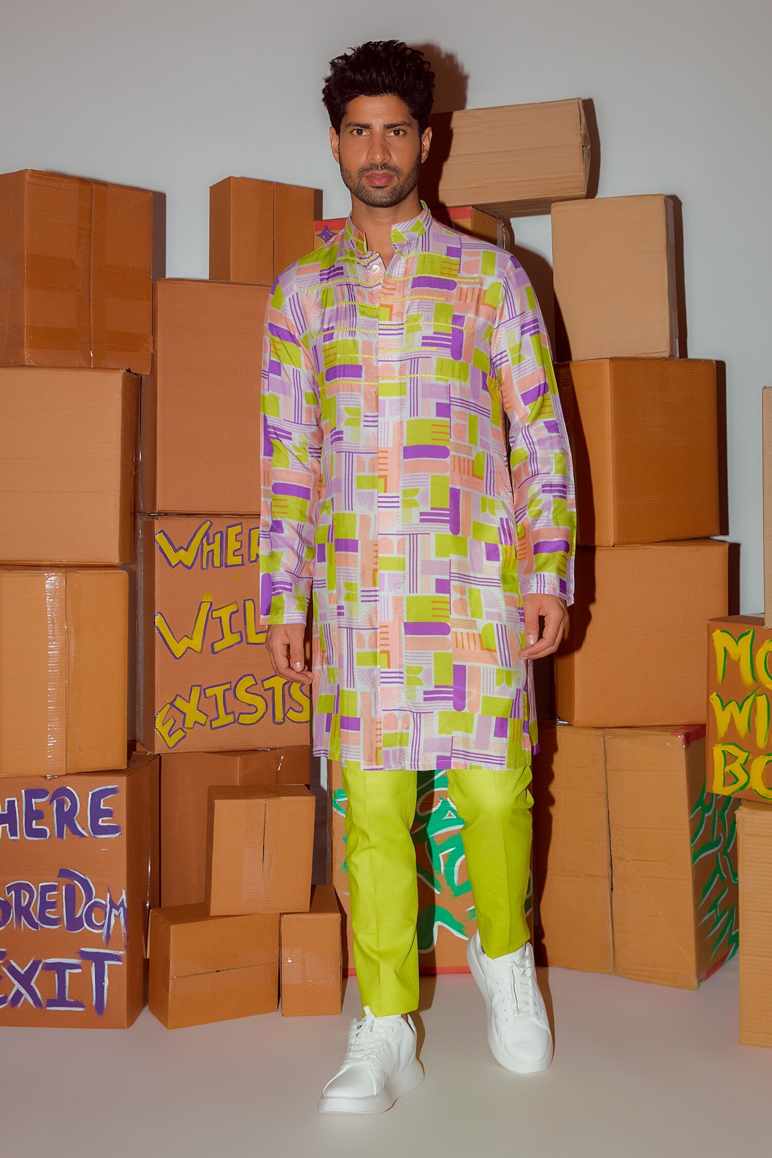 Buy Nirmooha Multi Color Mull Geometric Print Kurta Set Online | Aza ...