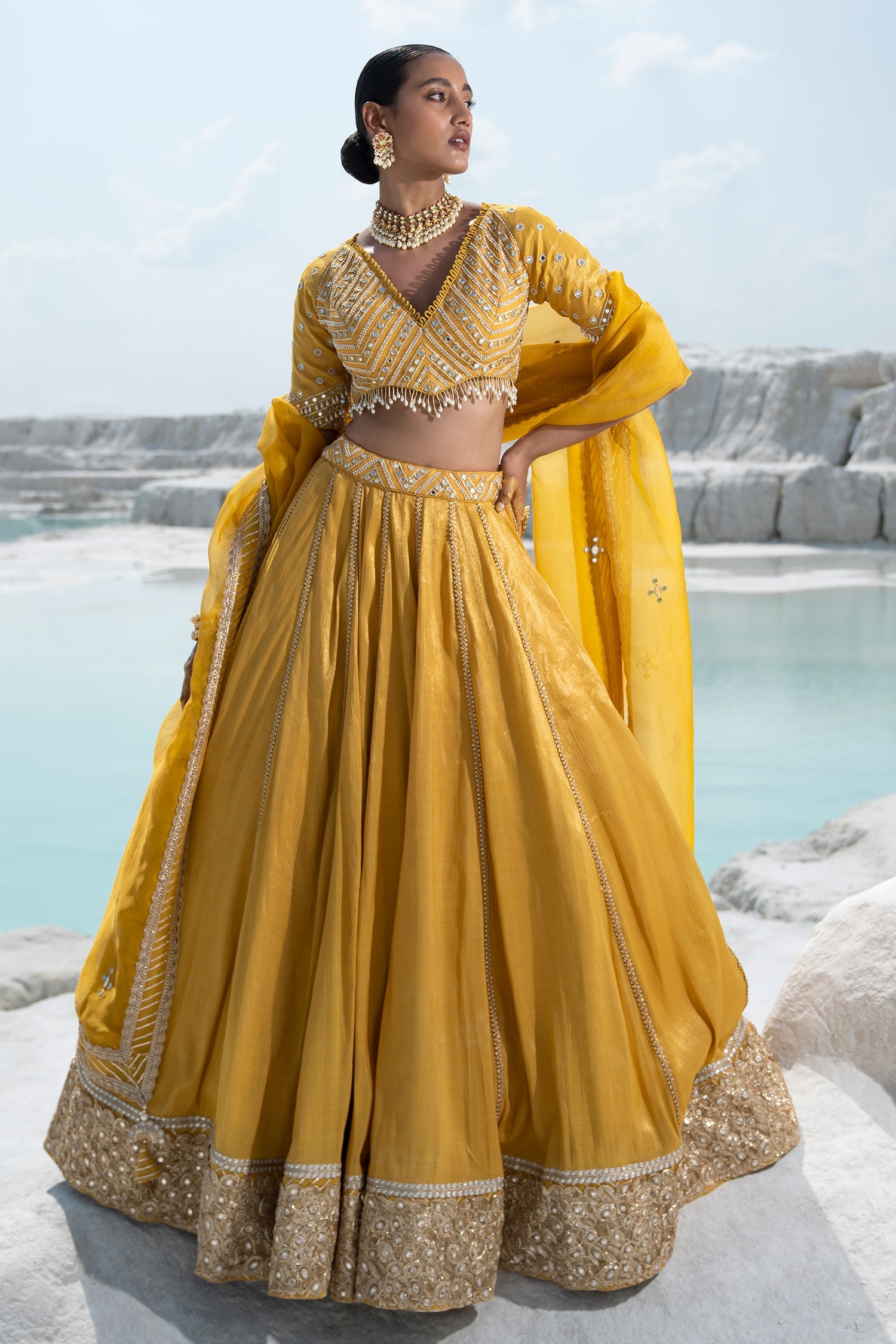 Buy Seeaash Yellow Shimmer Chanderi Lehenga Set Online | Aza Fashions