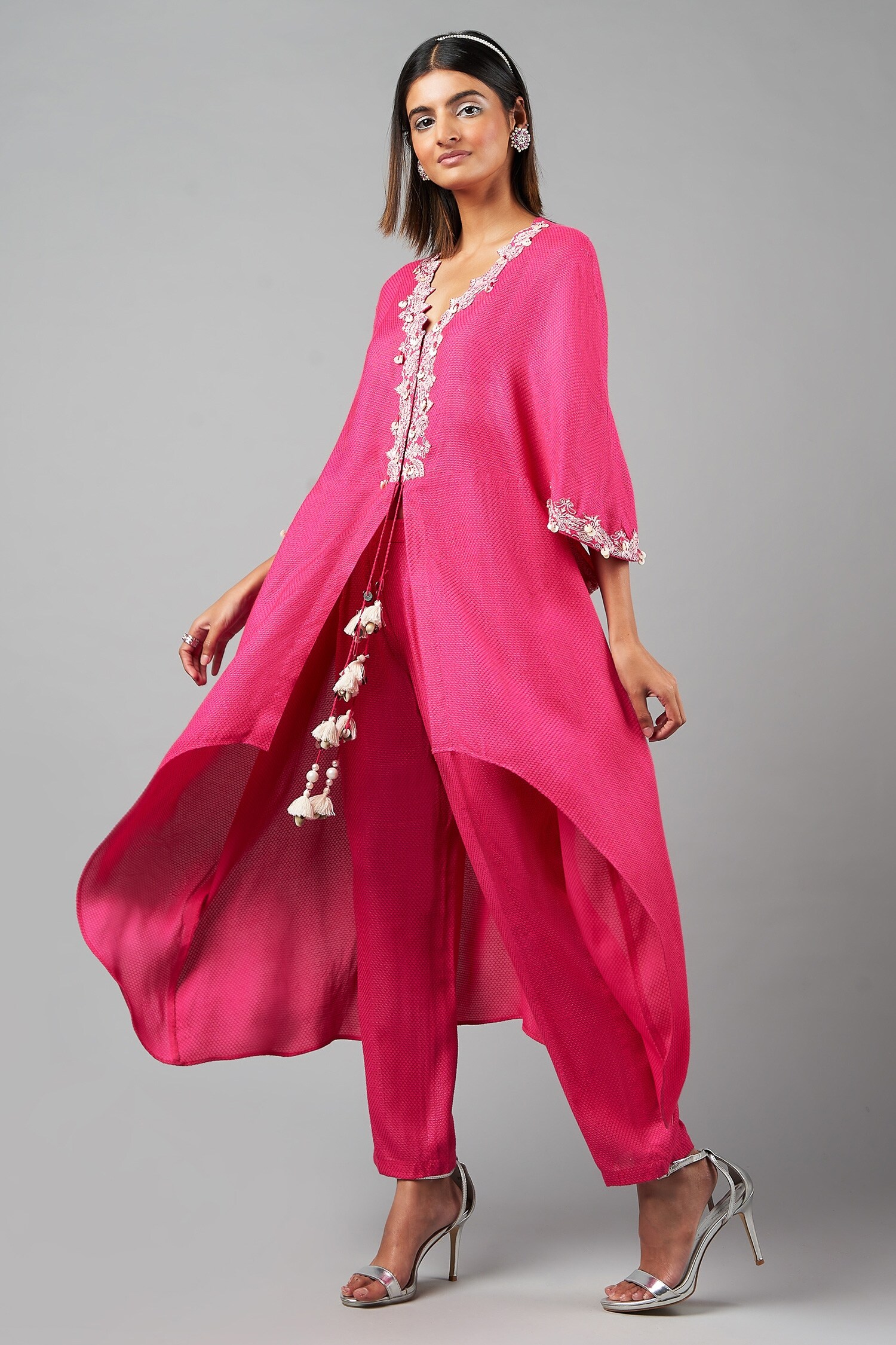 Buy Inej Fuchsia Rayon Flex Threadwork High Low Cape Kurta With Pant ...