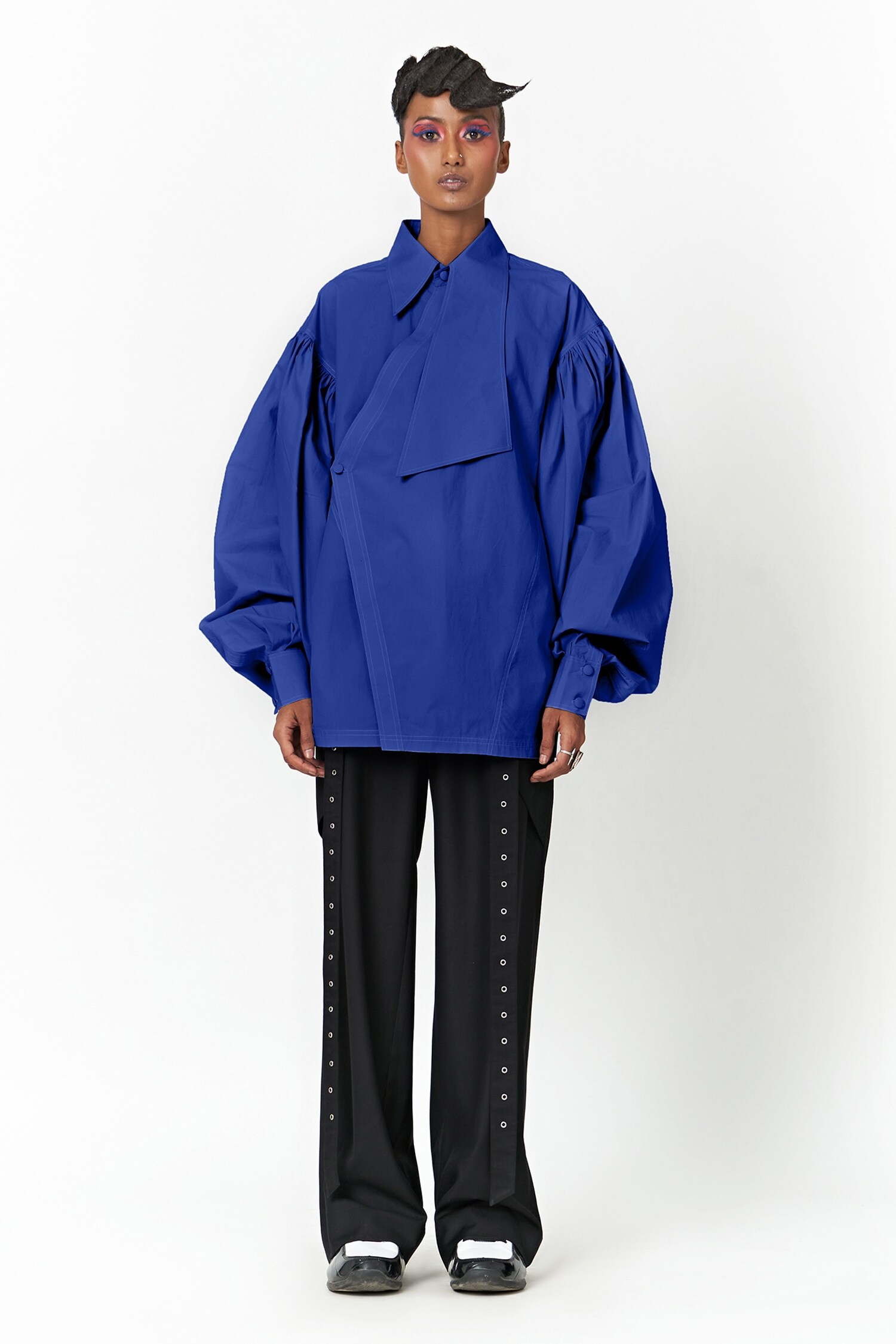 Buy Two Point Two Blue Cotton Poplin Tombo Asymmetric Collar Wrap Shirt ...