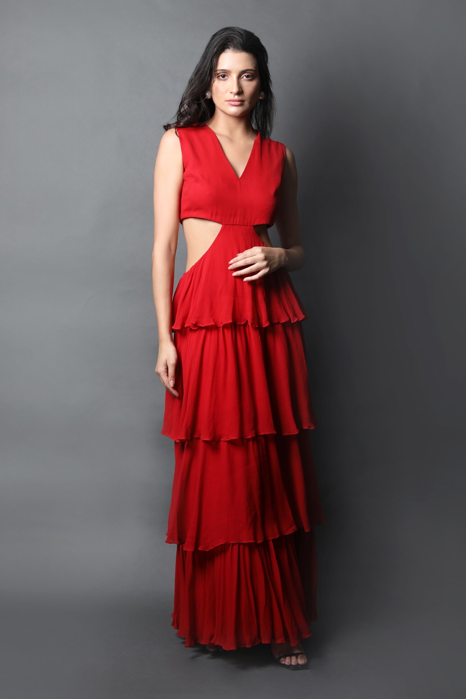 Buy Swatee Singh Georgette Solid Ruffle Tiered Dress Online | Aza Fashions