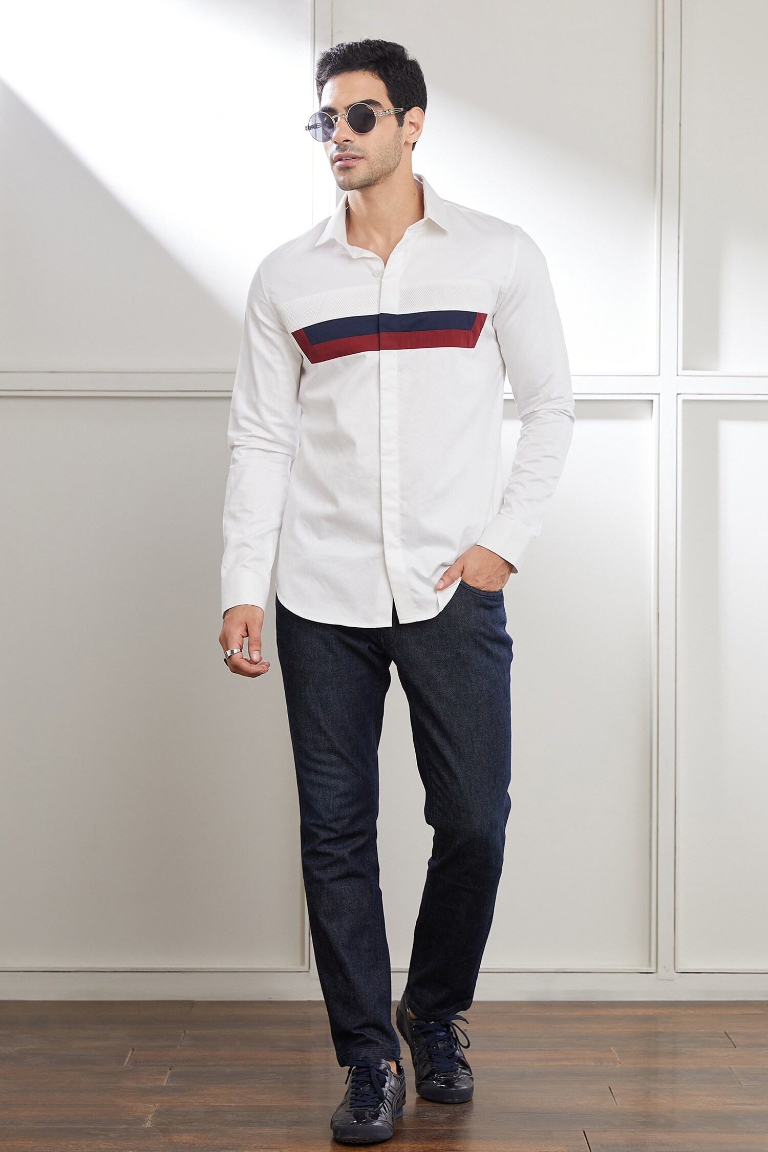 Buy Seven White Cotton Sateen Perspective Constrast Panel Shirt Online ...