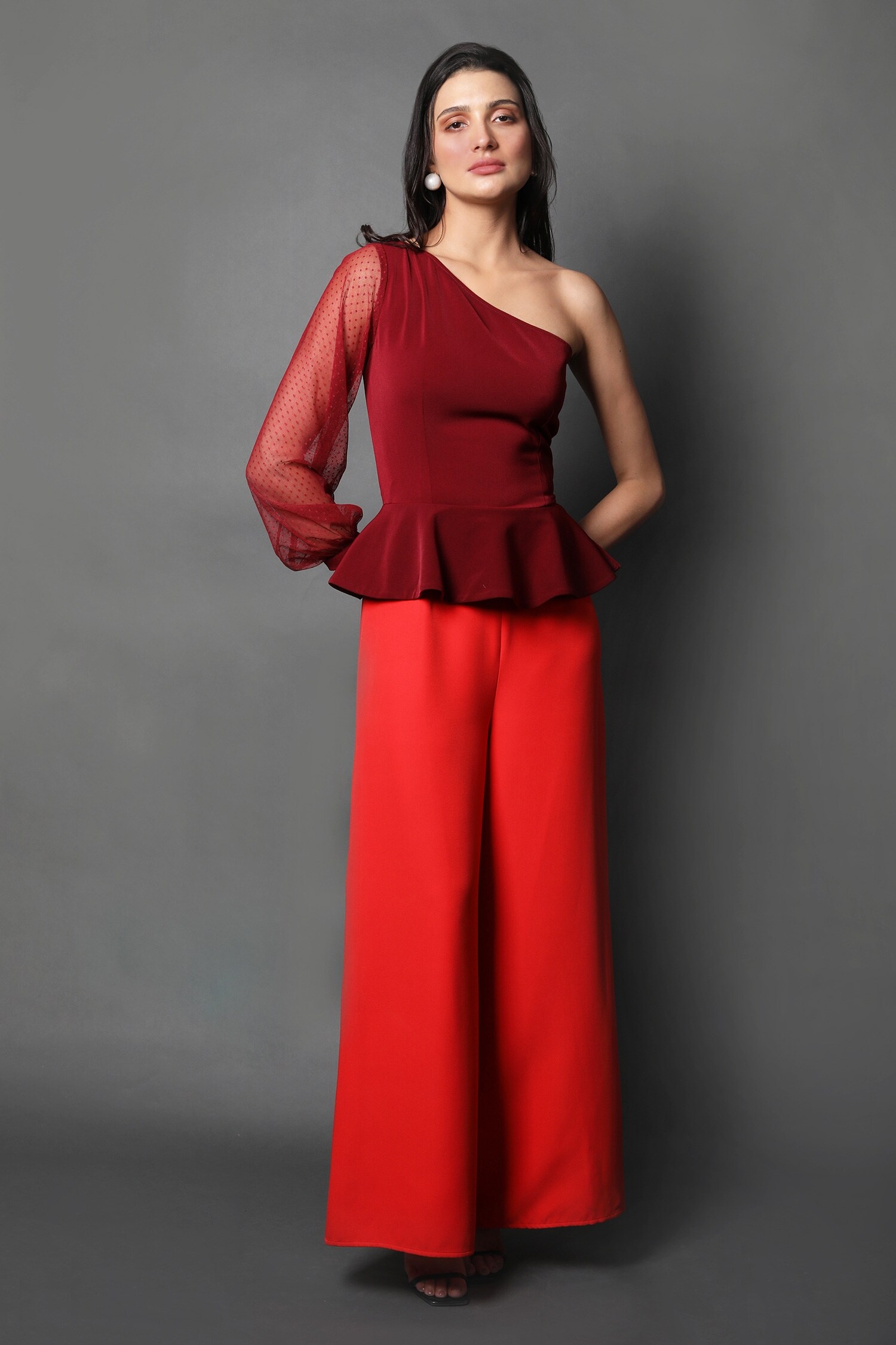 Buy Swatee Singh Red Heavy Crepe Color Blocked One-shoulder Jumpsuit ...