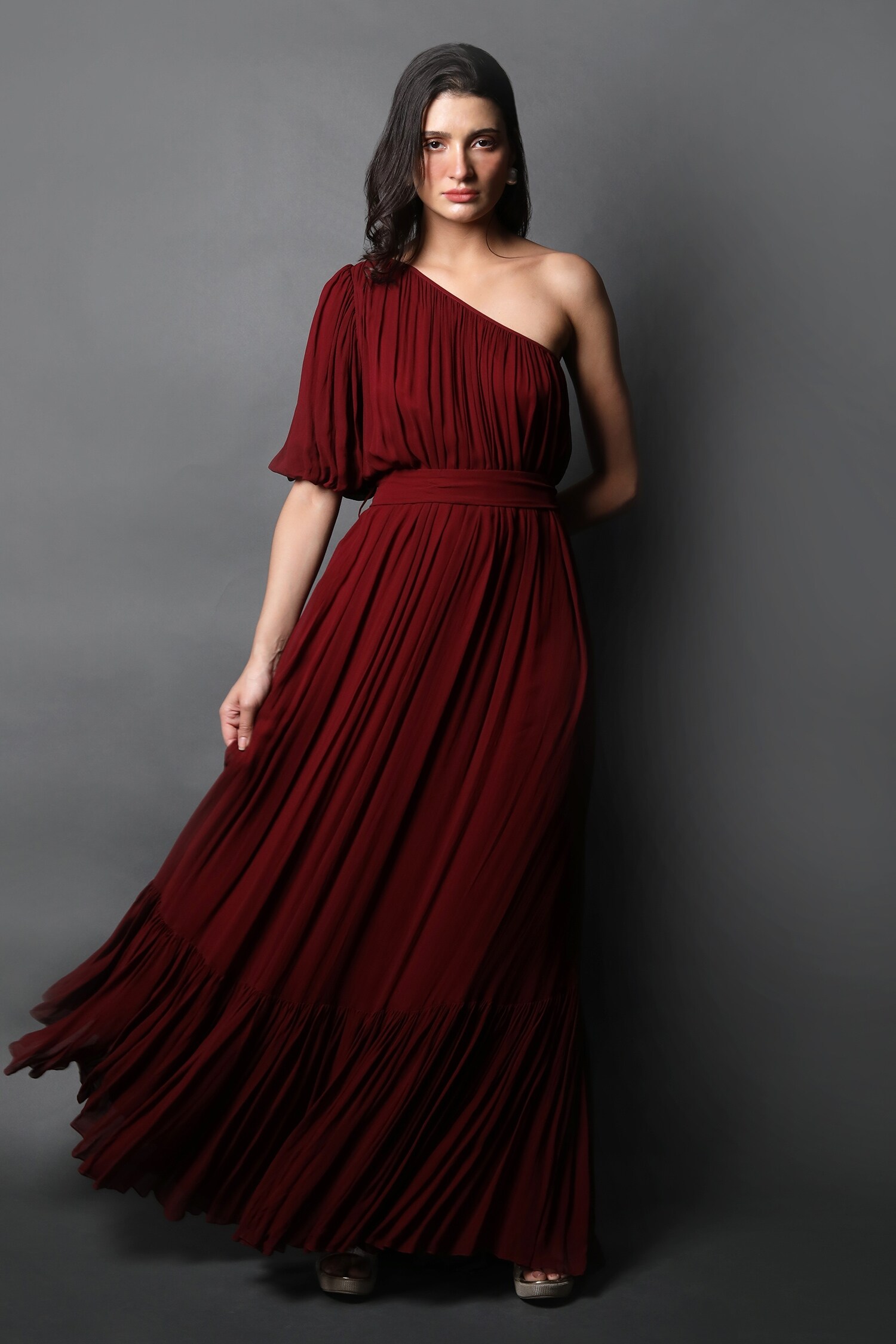 Buy Swatee Singh Maroon Georgette Pleated Hem One-shoulder Gown Online ...