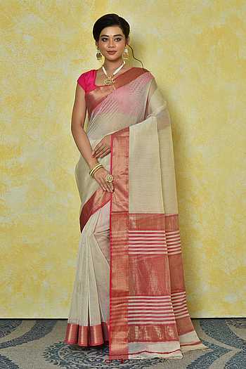 Buy Samyukta Singhania Peach Chanderi Colorblock Woven Saree Online ...