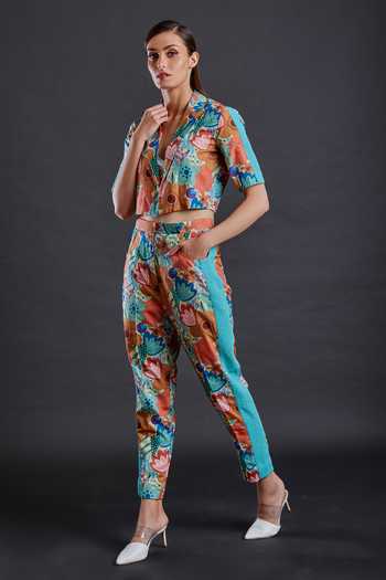 Buy Fuga Green Japanese Cotton Coral Reef Cropped Blazer And Straight ...