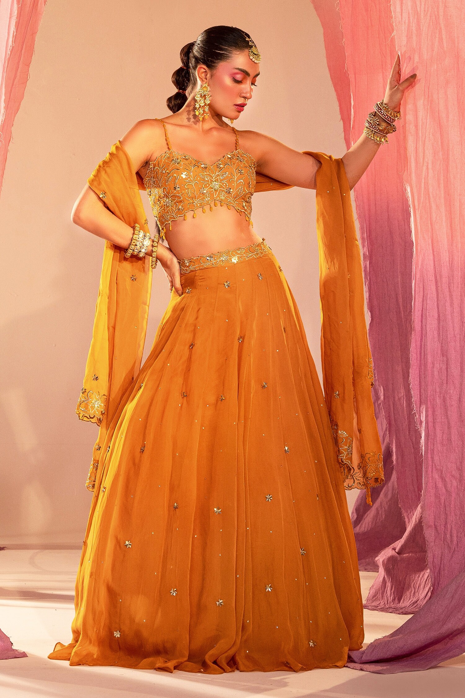 Buy Silky Bindra Yellow Georgette Floral Butti Embroidered Lehenga Set ...