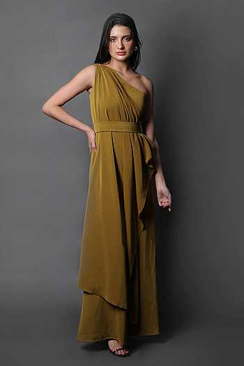Buy Swatee Singh Green Heavy Crepe Flag Draped One-shoulder Jumpsuit ...