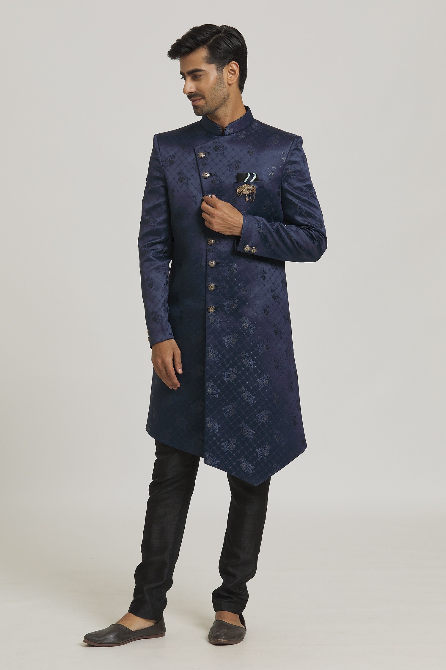 Buy Adara Khan Blue Floral Jaali Woven Sherwani With Pant Online | Aza ...