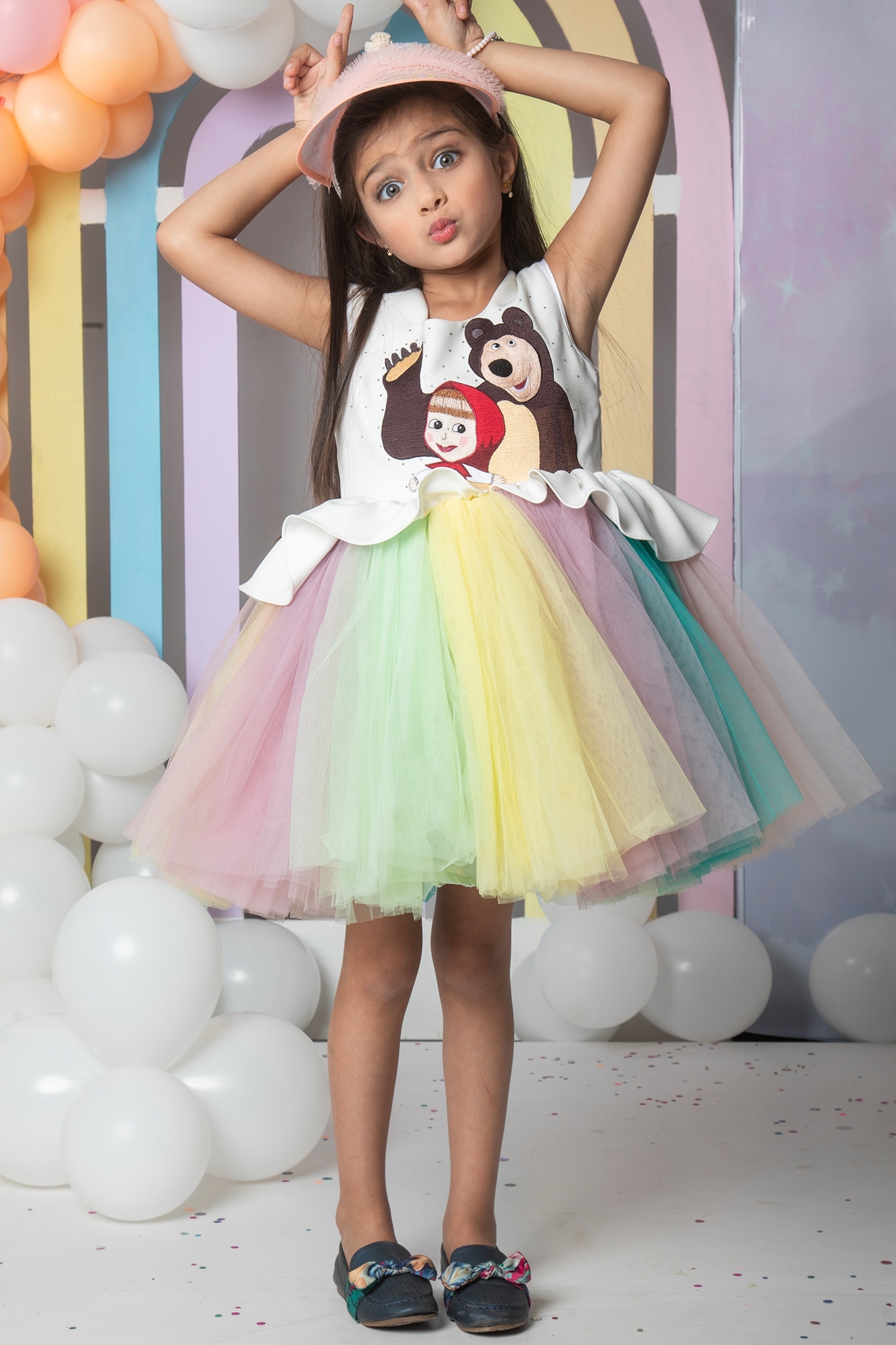 Buy Hoity Moppet Multi Color Masha And Bear Embroidered Tulle Flare ...