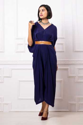 Buy Megha Garg Blue Art Crepe Draped V-neck Kaftan Jumpsuit Online ...